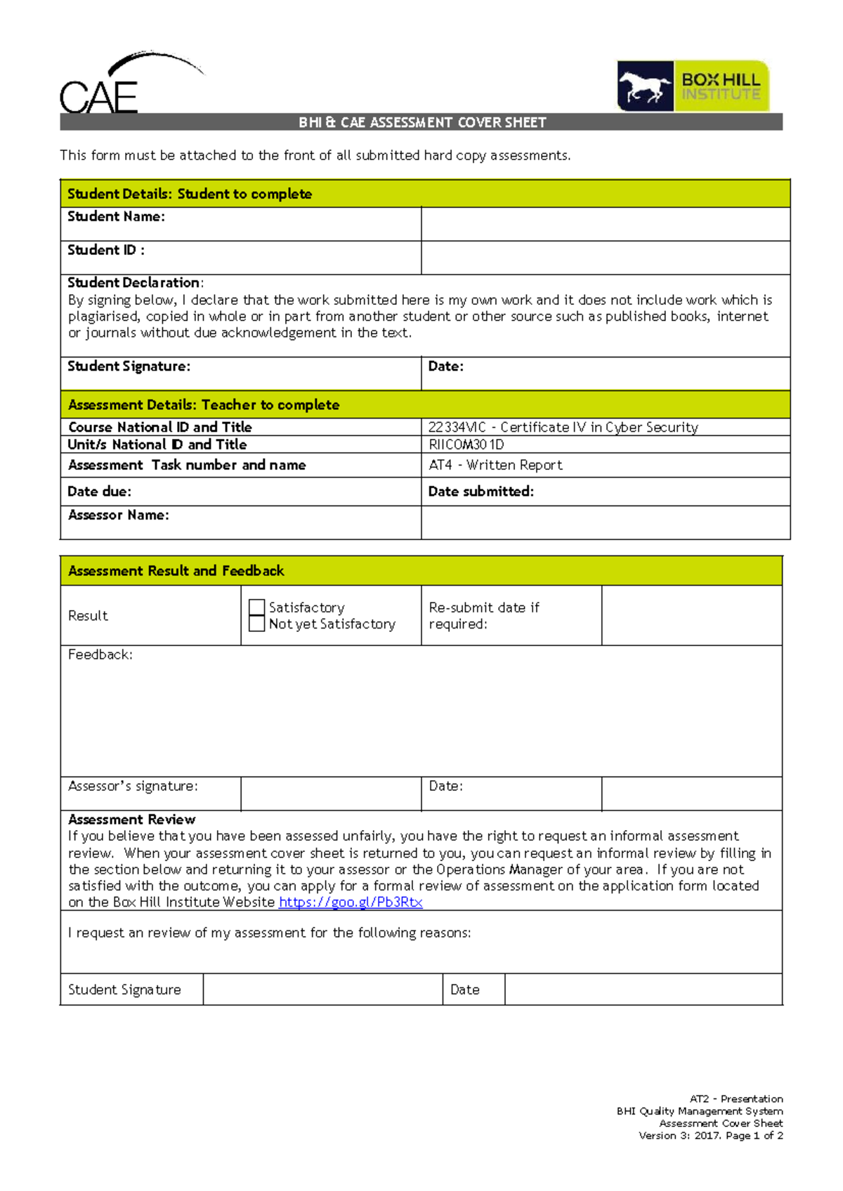 AT4 - Written Report - BHI & CAE ASSESSMENT COVER SHEET This form must ...