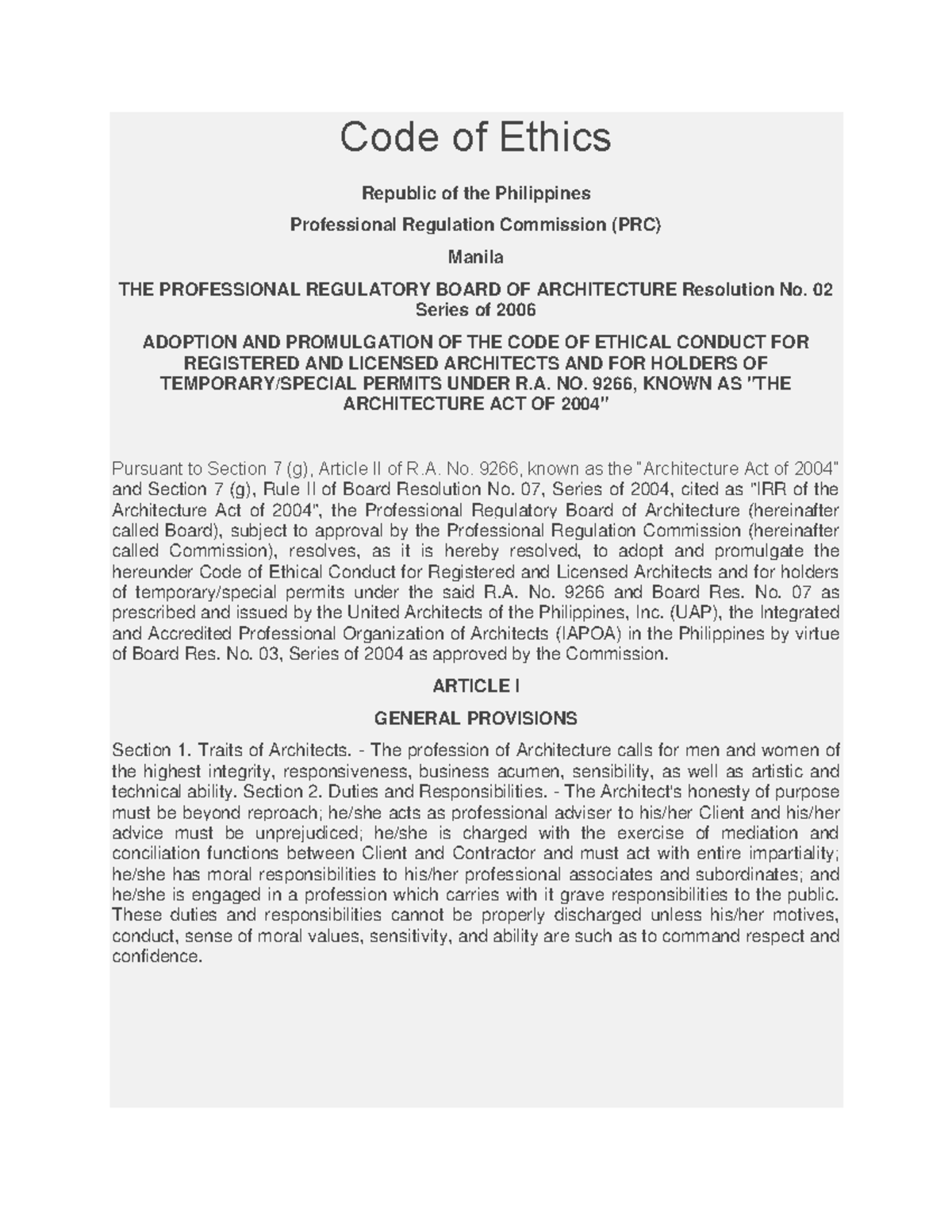 CODE OF Ethics 2006 - Code of Ethics Republic of the Philippines ...
