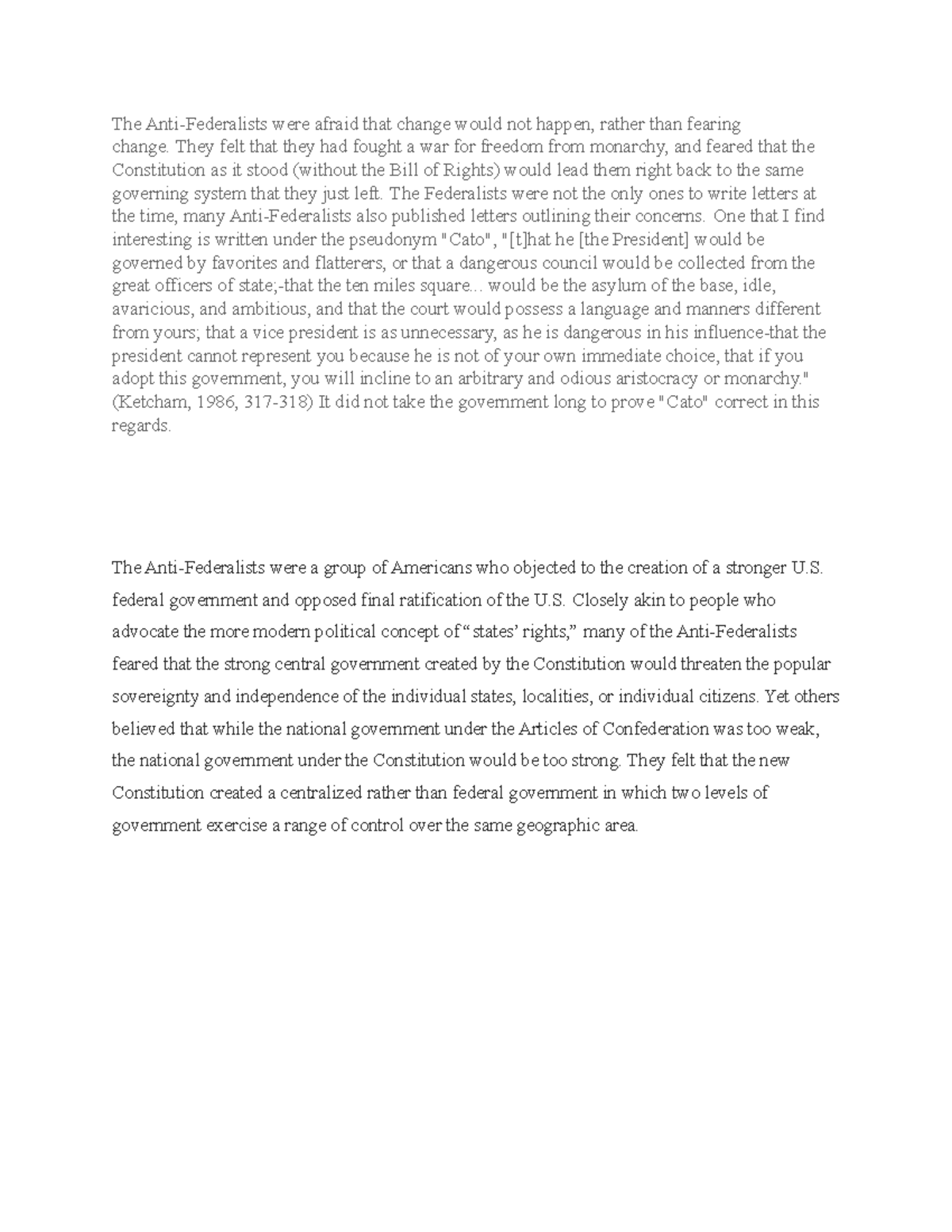 Notes - The Anti-Federalists were afraid that change would not happen ...