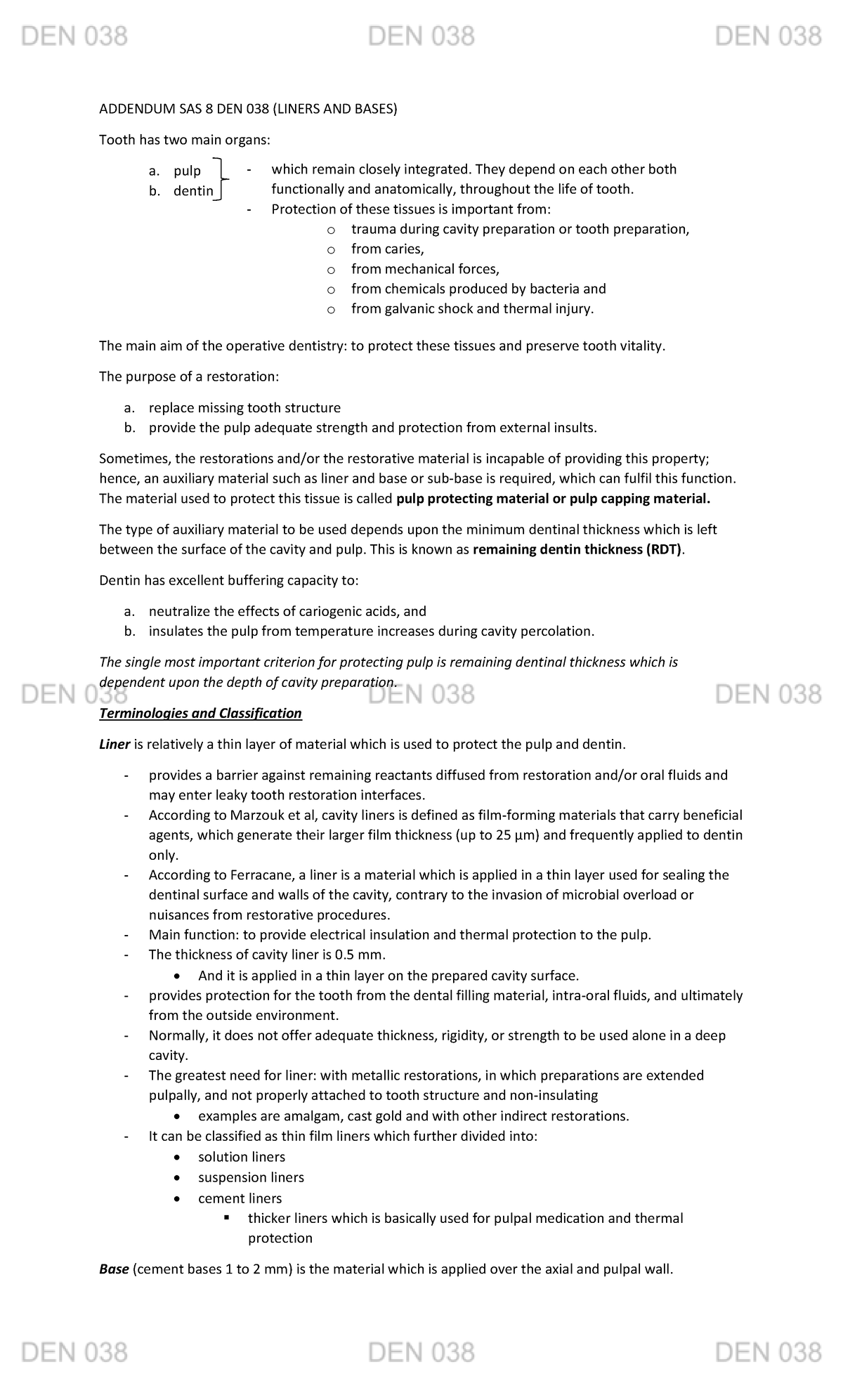Liners and Bases - DEN 038 - Doctor of Dental Medicine - SWU - Studocu