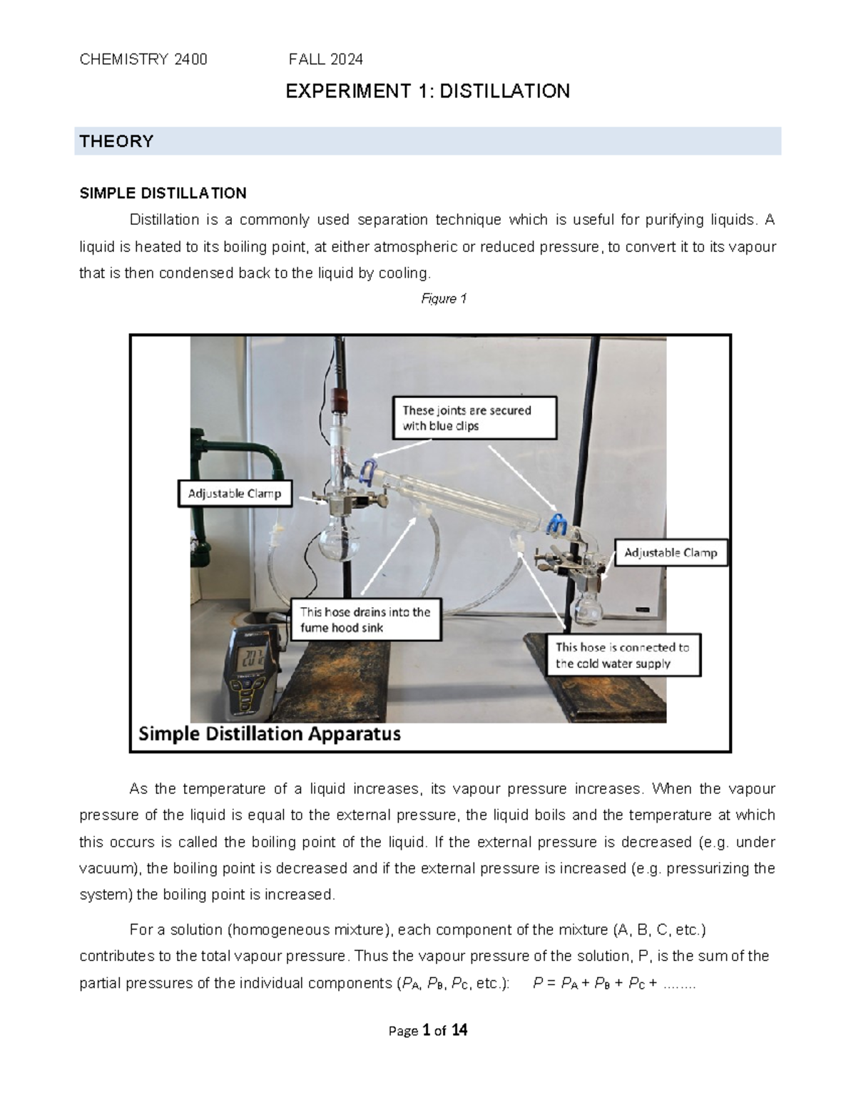 Experiment 1 Distillation - CHEMISTRY 2400 FALL 2024 EXPERIMENT 1 ...