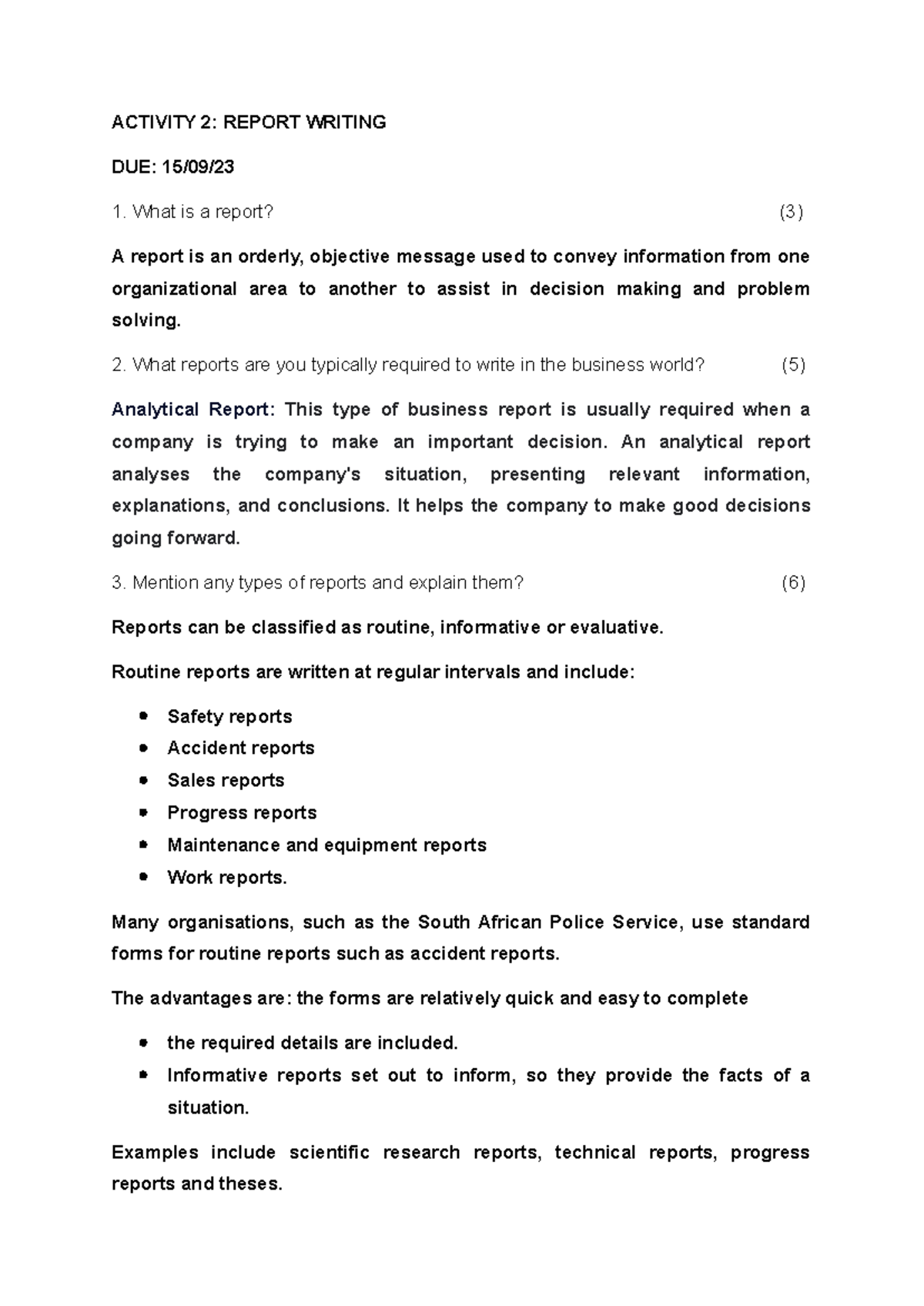 A. MEMO Activity 2 Report Writing - ACTIVITY 2: REPORT WRITING DUE: 15 ...