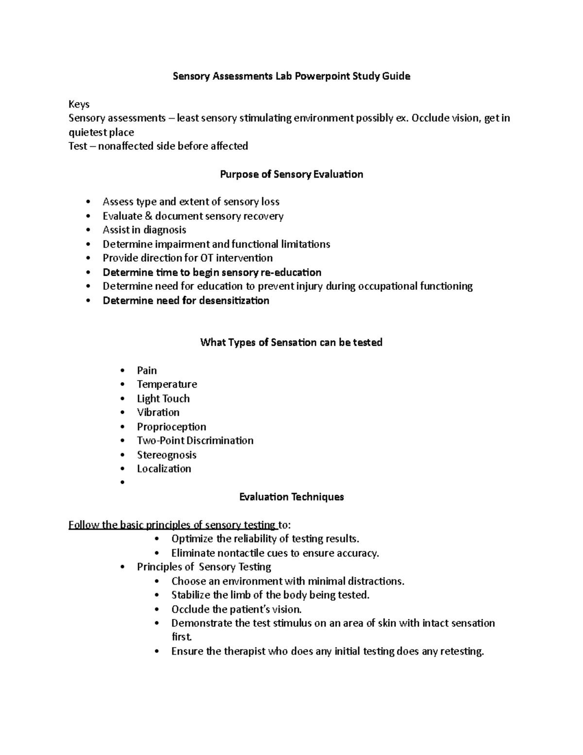 Sensory Assessments Lab Powerpoint Study Guide - Sensory Assessments ...