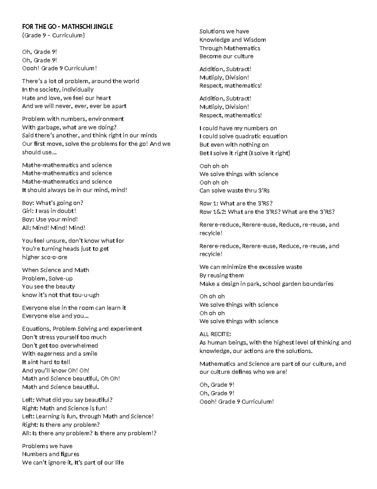 Mathsci Jingle - FOR THE GO - MATHSCHI JINGLE (Grade 9 – Curriculum) Oh, Grade 9! Oh, Grade 9 ...