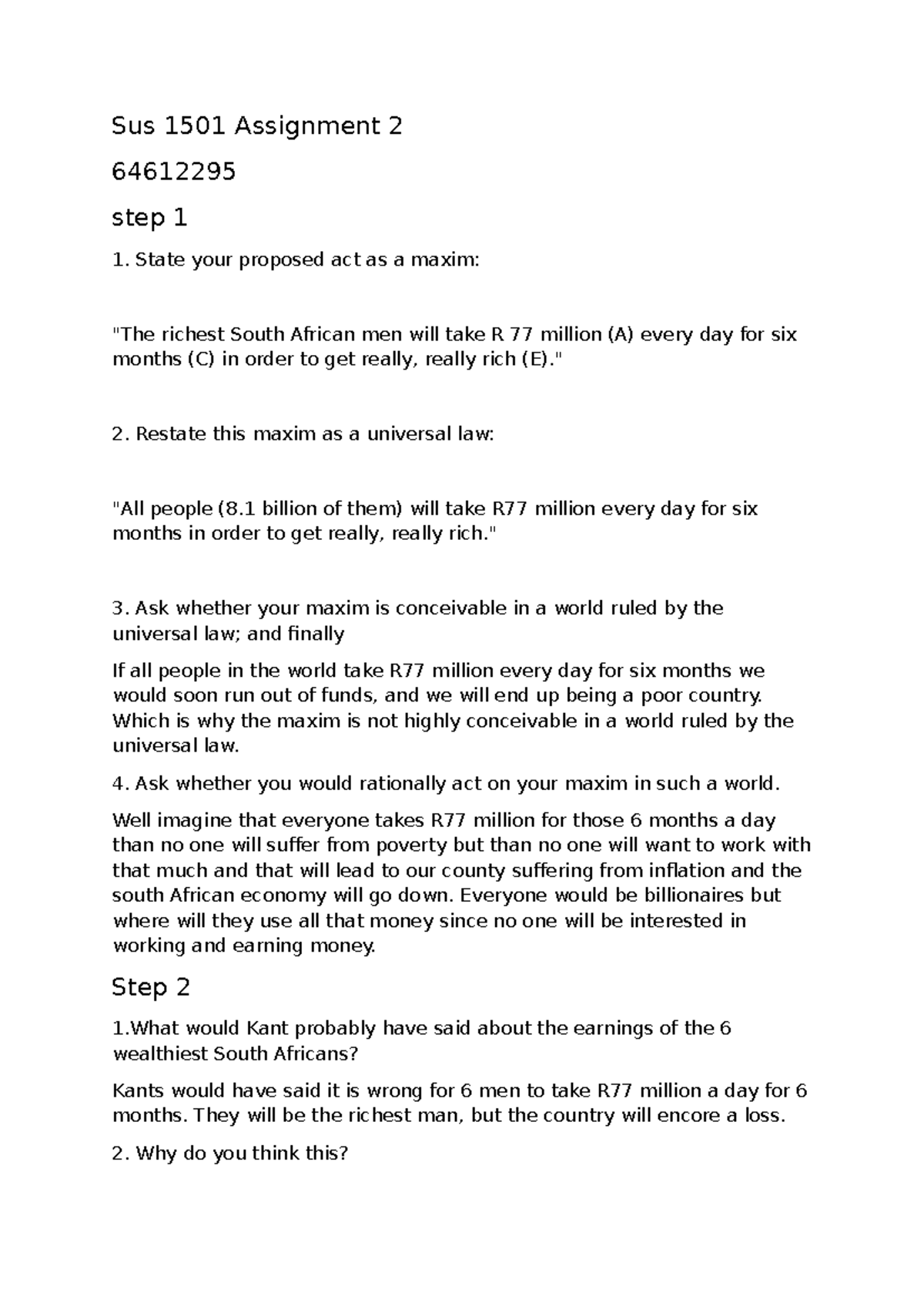 Sus assignment 2 - i got 55% - Sus 1501 Assignment 2 64612295 step 1 1 ...