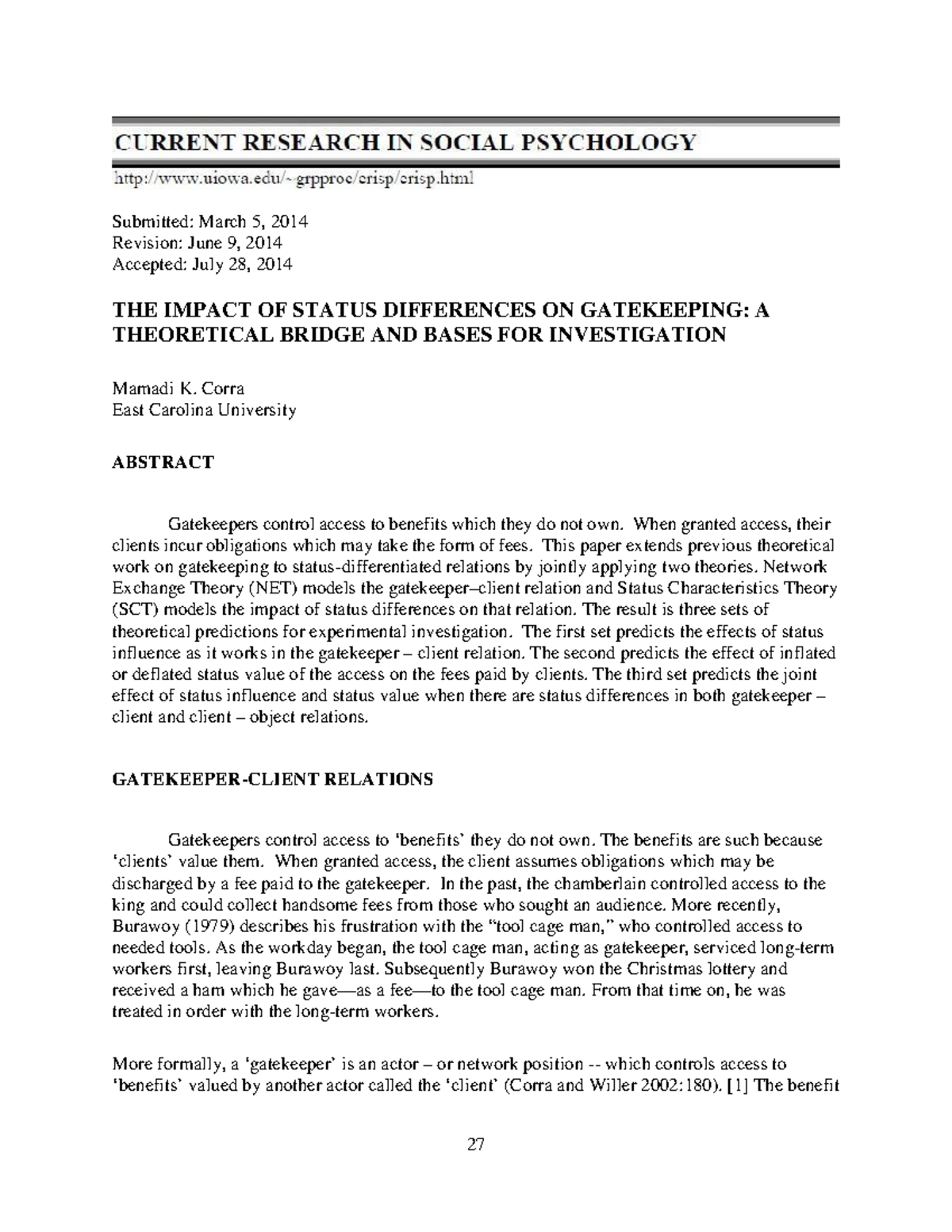 Gatekeeper Theory - Submitted: March 5, 2014 Revision: June 9, 2014 ...