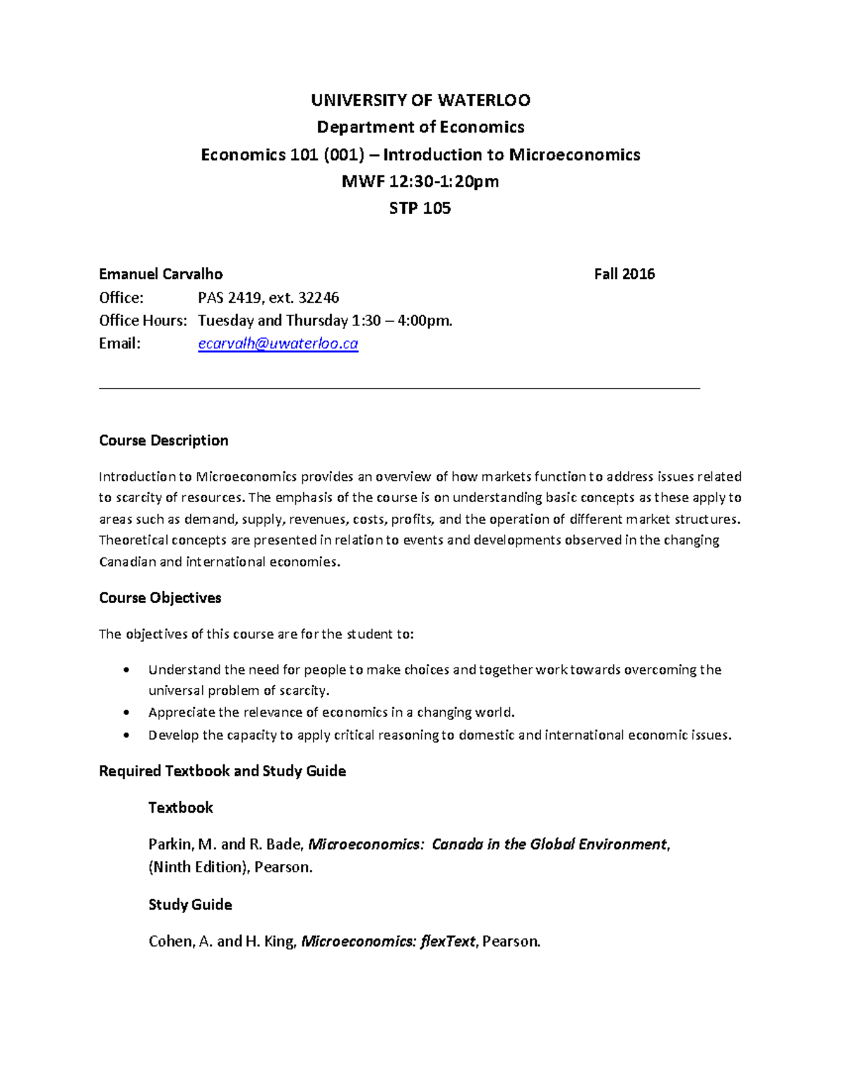 Econ-101-001-f16 0 - ECON 101 - UNIVERSITY OF WATERLOO Department of ...