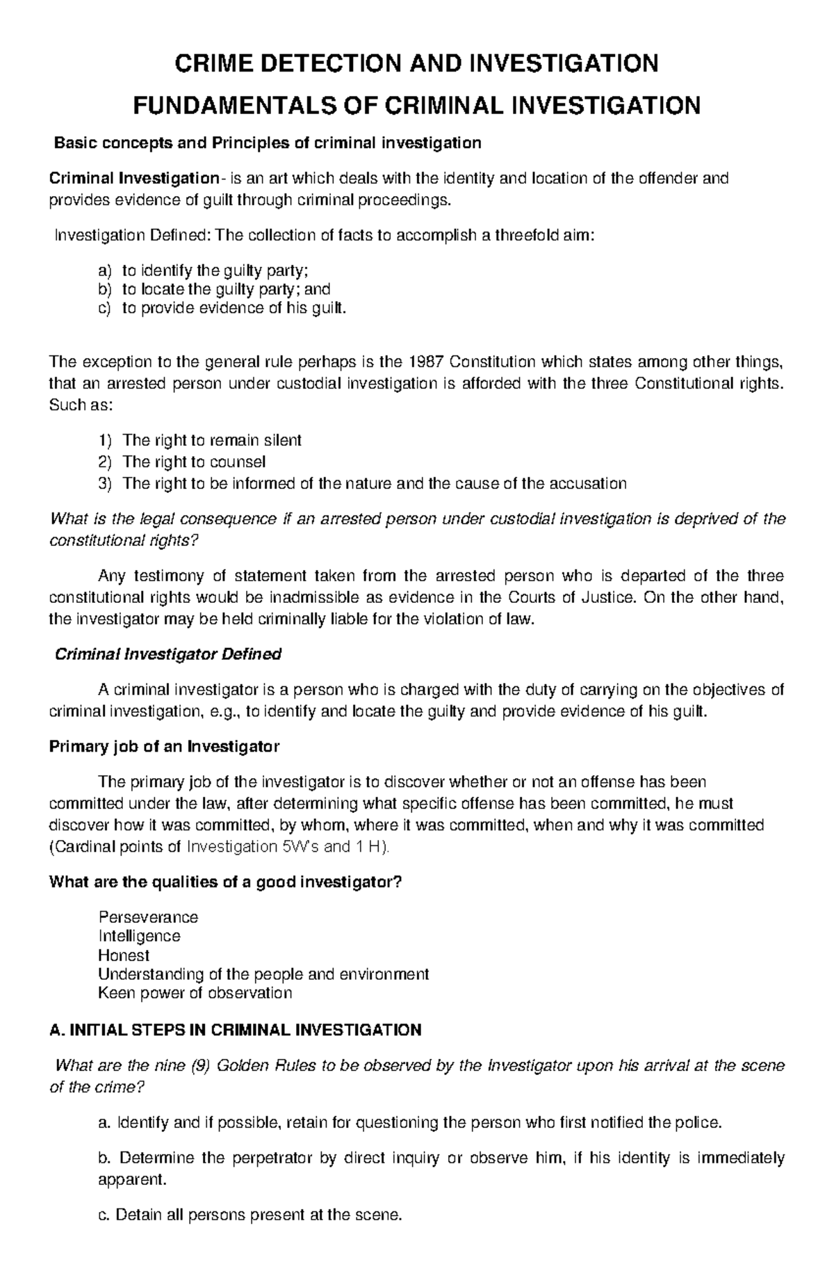 Fundamentals OF Criminal Investigation - CRIME DETECTION AND ...