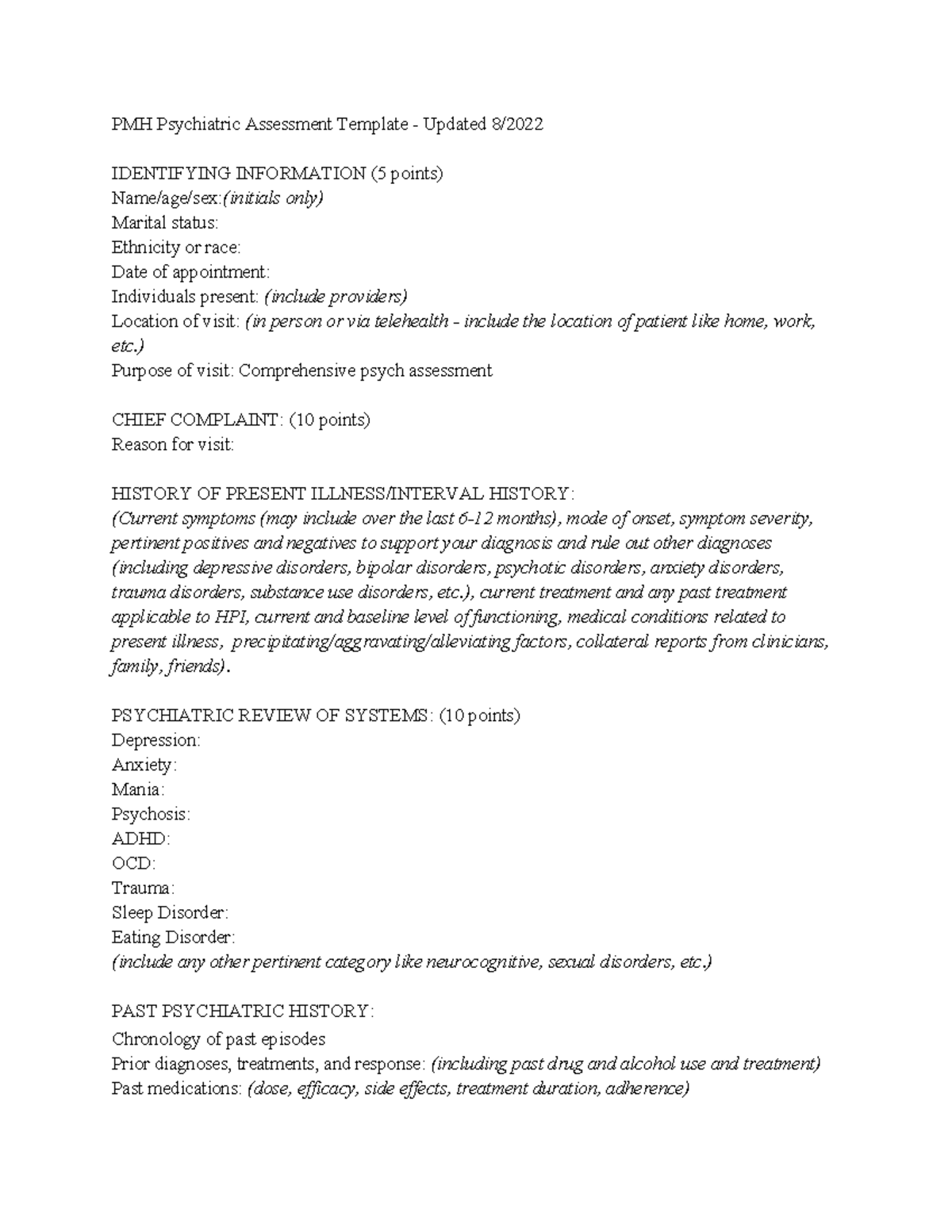 PMH Psych Assessment Template 8-2022 - PMH Psychiatric Assessment ...
