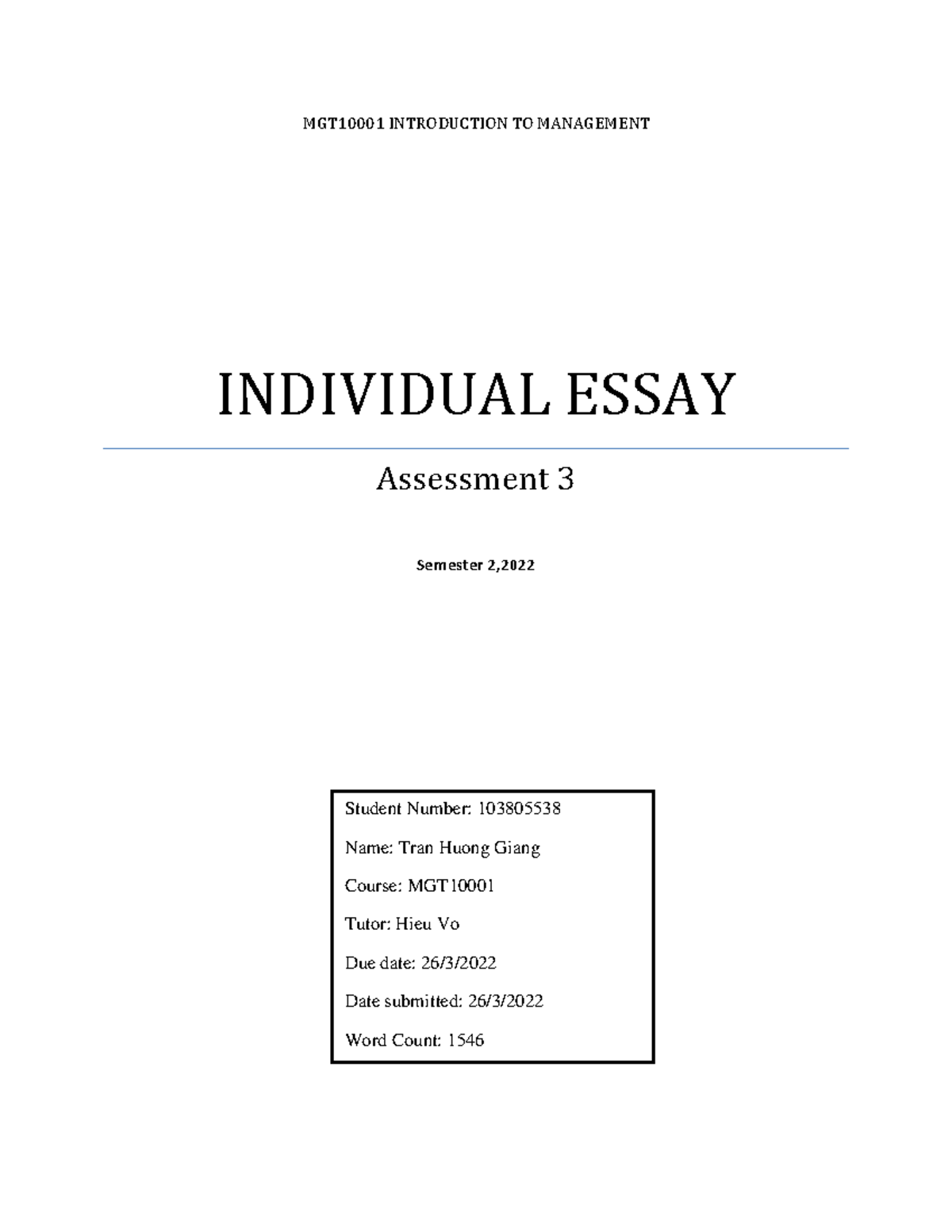Assessment 3 Individual essay - MGT10001 INTRODUCTION TO MANAGEMENT ...