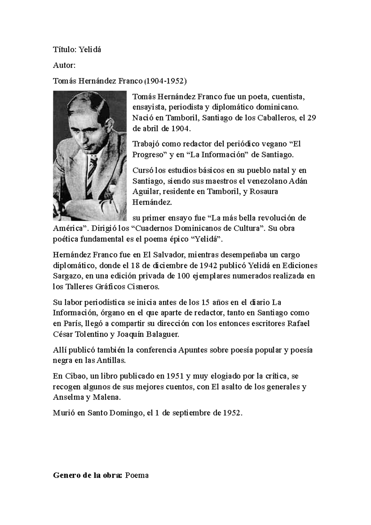 Analisis Yelida - Título: Yelidá Autor: Tomás Hernández Franco (1904 ...