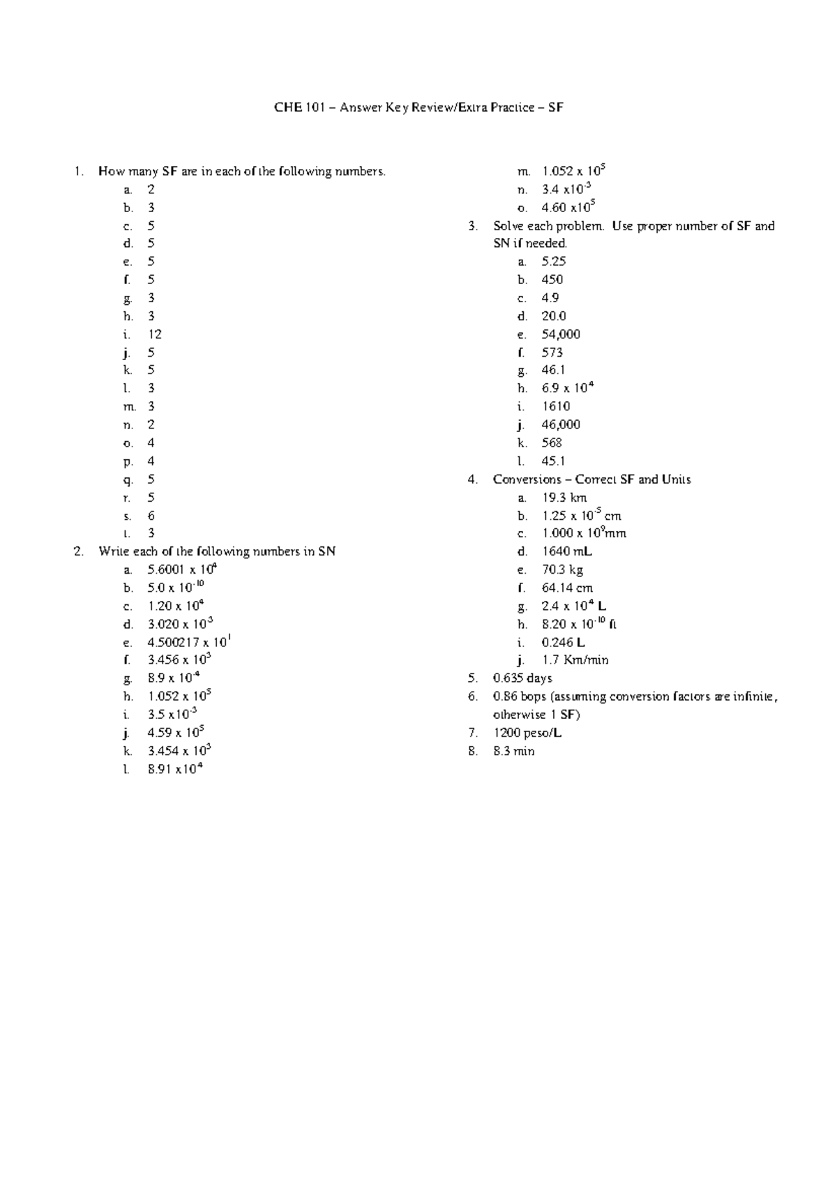 CHE101 Key Review Answer Key CHE 101 Answer Key Review Extra