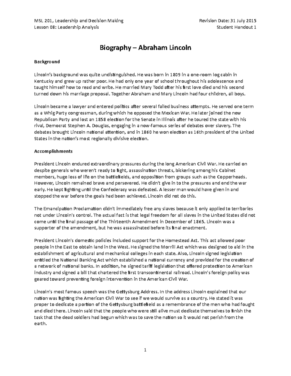 MSL201L08 Leadership Analysis SH1 - MSL 201, Leadership and Decision ...