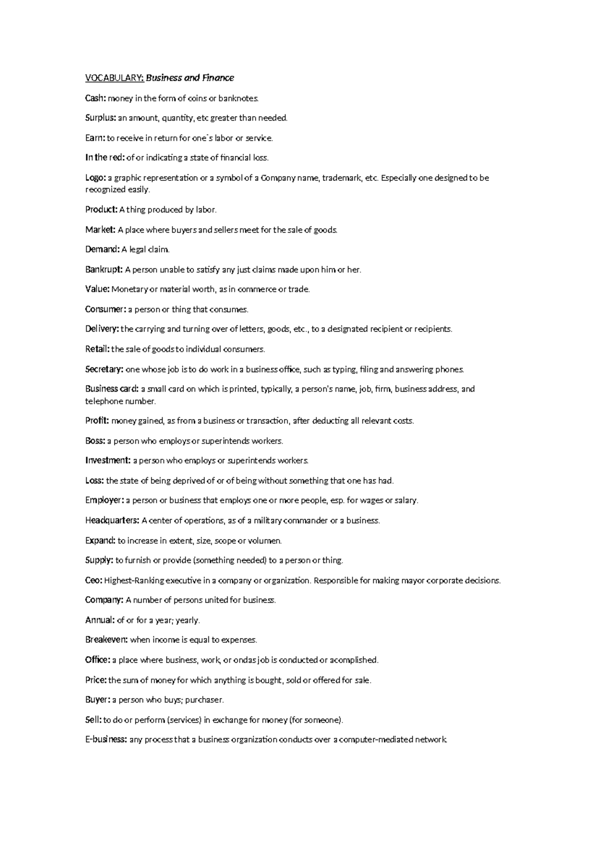Vocabulary - Economy - Resumen Idioma Inglés - VOCABULARY: Business and ...