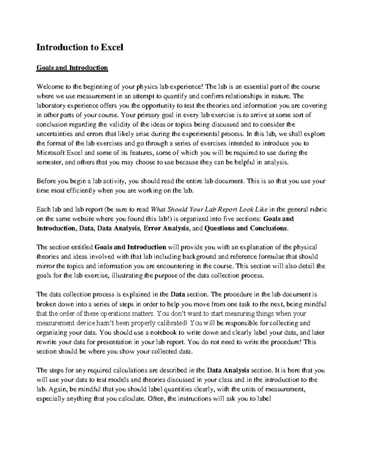 Introduction to Excel - Lab Report - Introduction to Excel Goals and ...