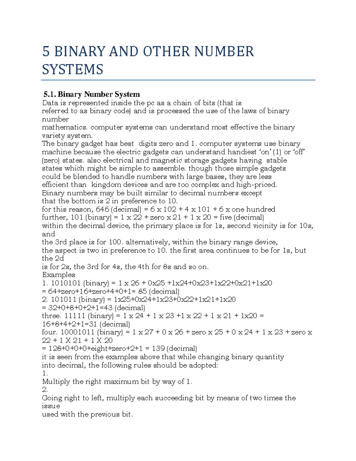 5 Binary AND Other Number Systems 5 BINARY AND OTHER NUMBER SYSTEMS 5