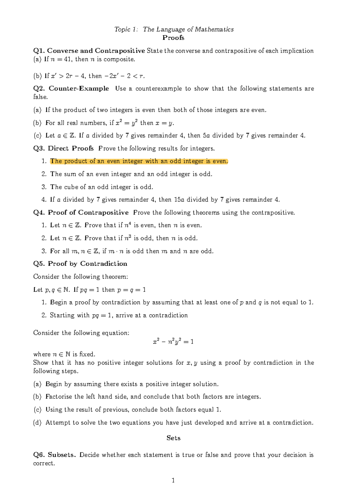 Problem Sheet 1 Language of Mathematics - Topic 1: The Language of Mathematics Proofs Q1 ...
