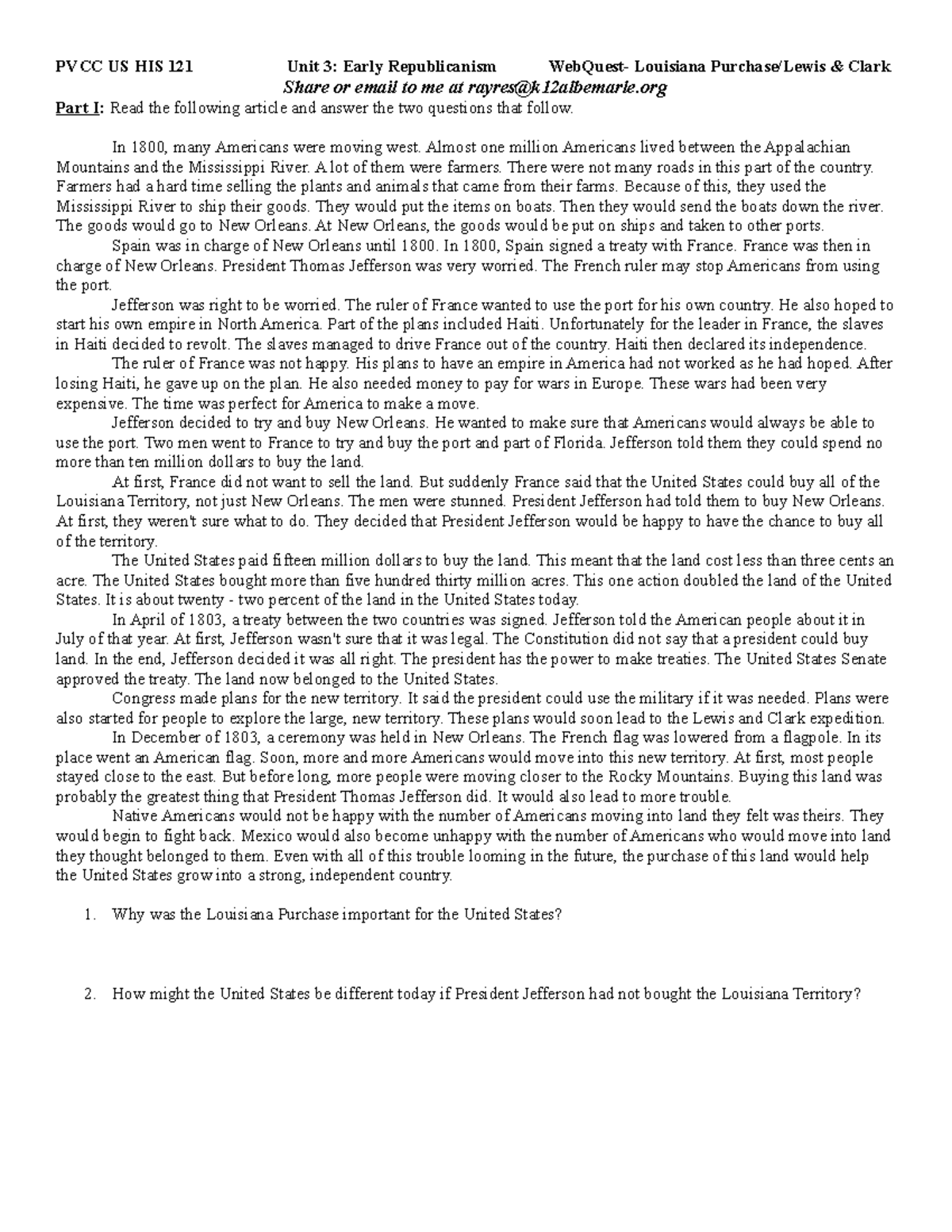 Web Quest- Louisiana Purchase and Lewis Clark - ap micro - Studocu