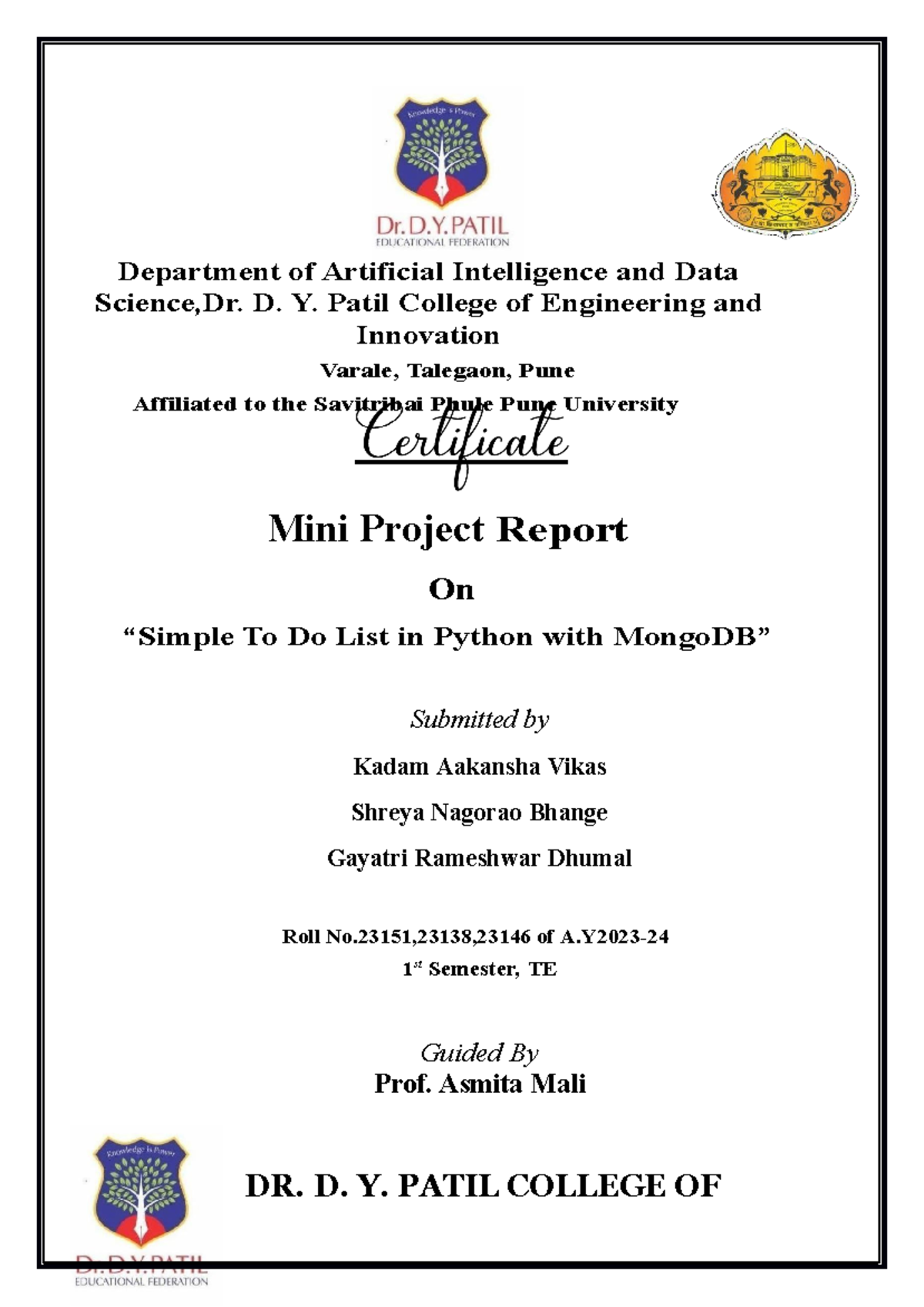 Miniproject - Department of Artificial Intelligence and Data Science,Dr ...