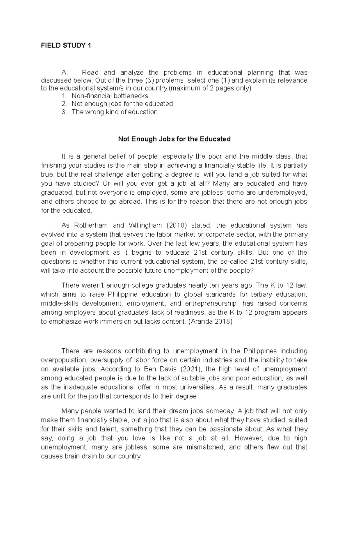 Field Study 4 - FIELD STUDY 1 A. Read and analyze the problems in ...