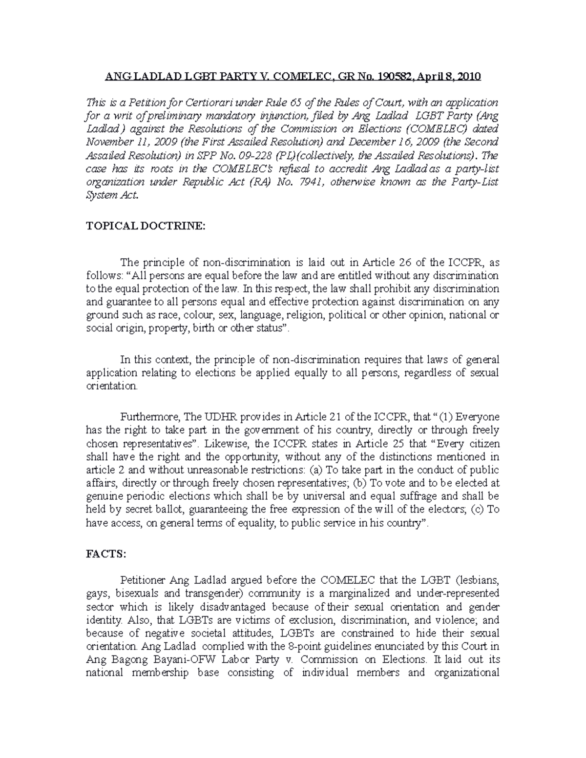 129079565 Ang Ladlad Lgbt Party v Comelec - ANG LADLAD LGBT PARTY V ...