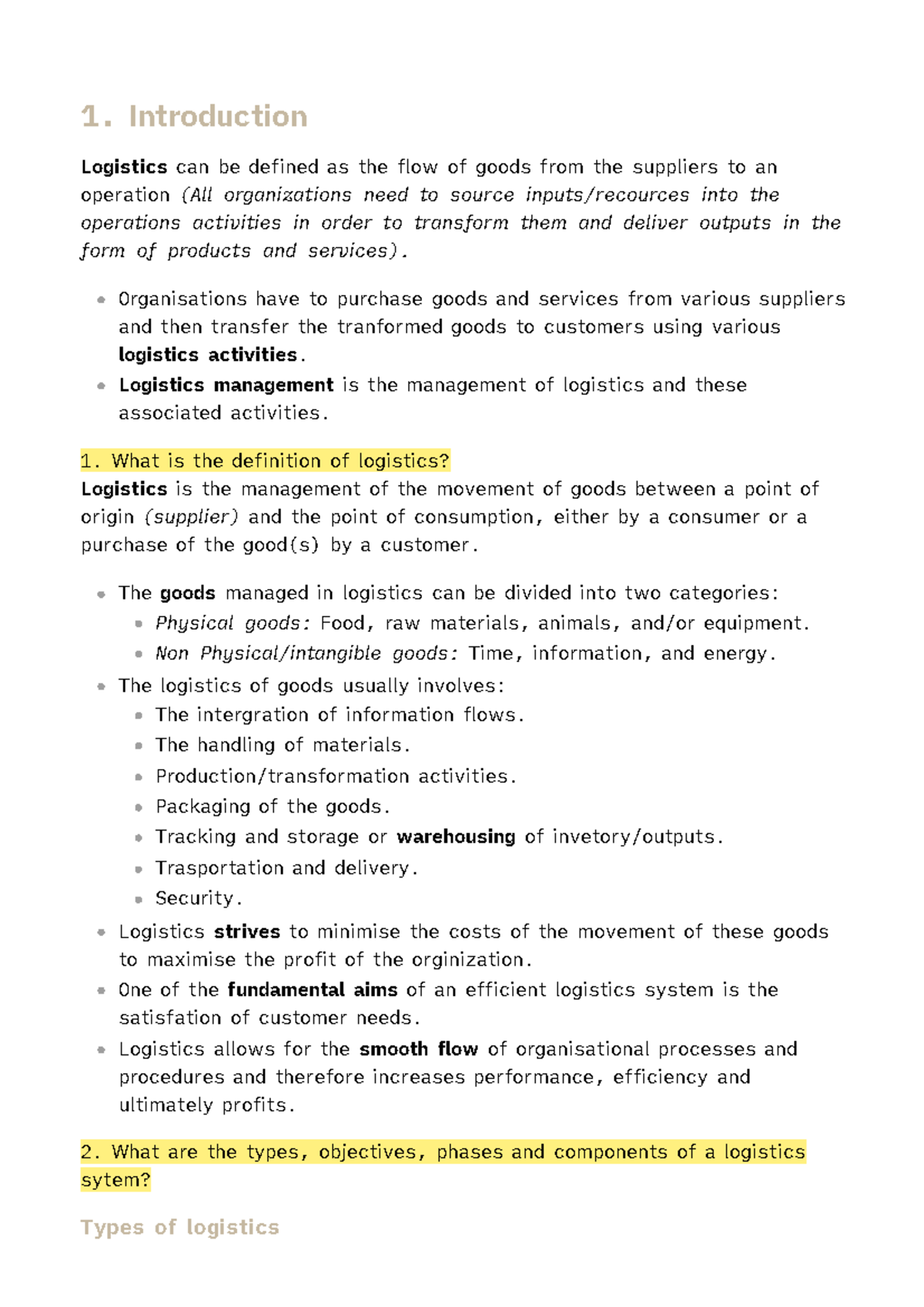 Chapter 4 - Logistics management - 1. Introduction Logistics can be defined as the flow of goods ...