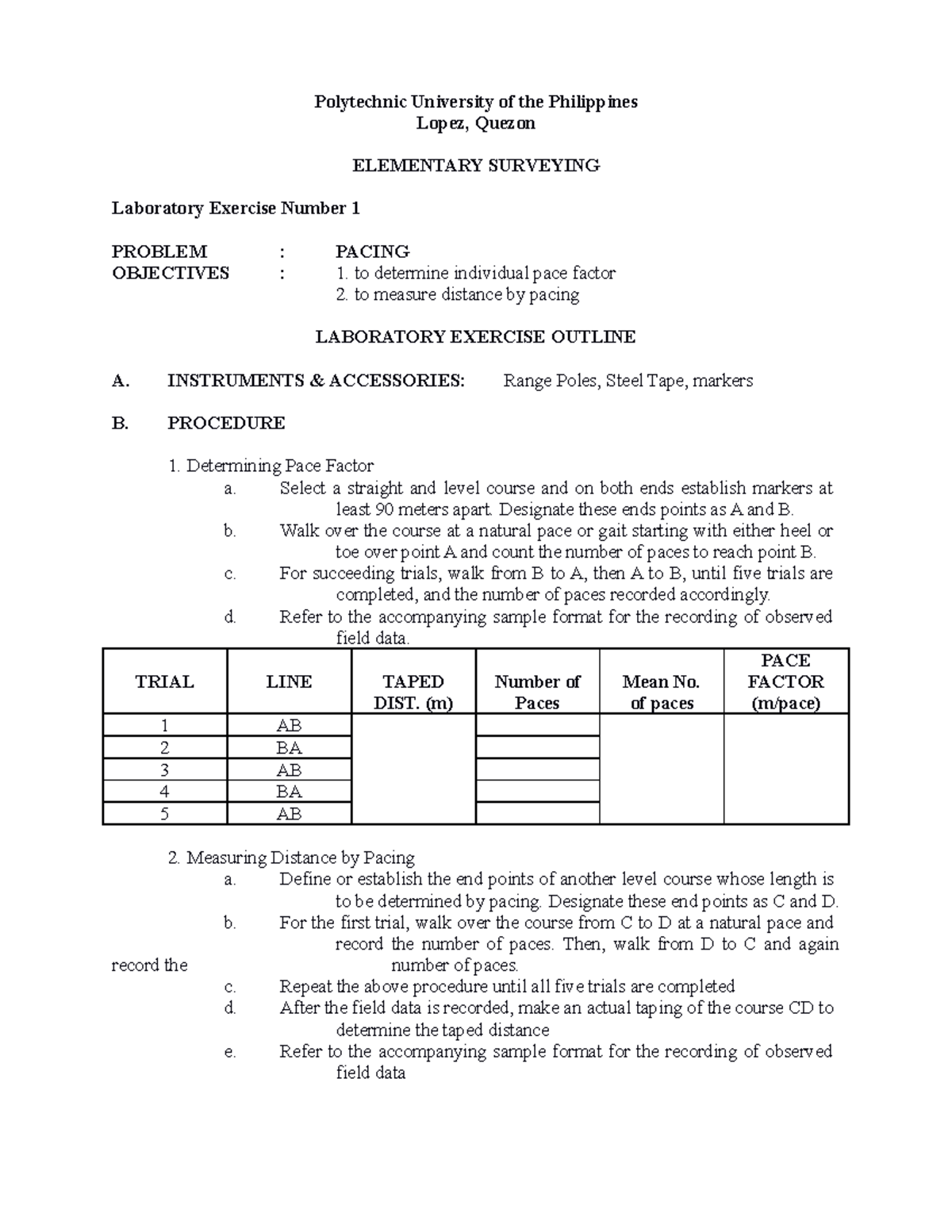 Lab-1-Pacing - Surveying - Polytechnic University of the Philippines ...