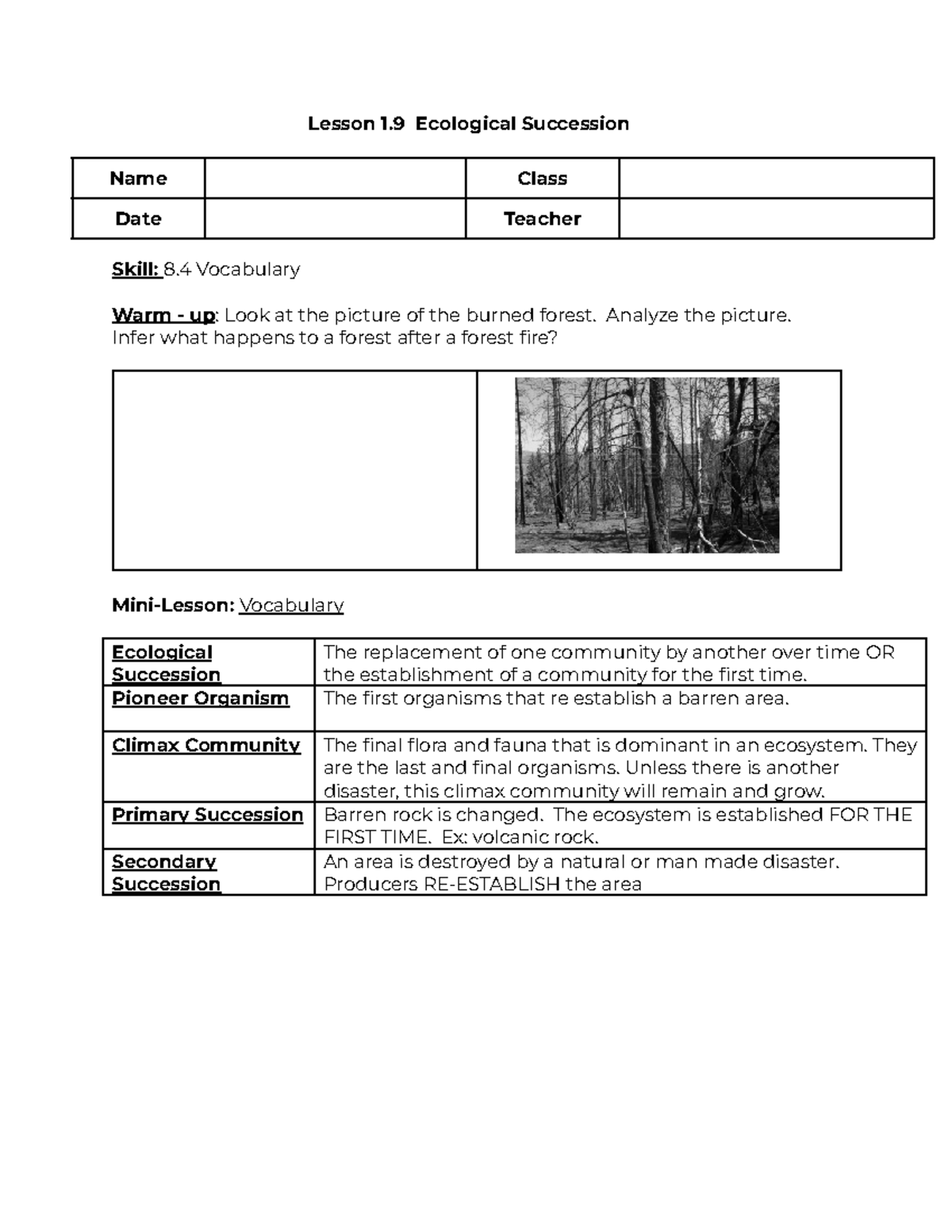Ecological Succession - Lesson 1 Ecological Succession Name Class Date ...