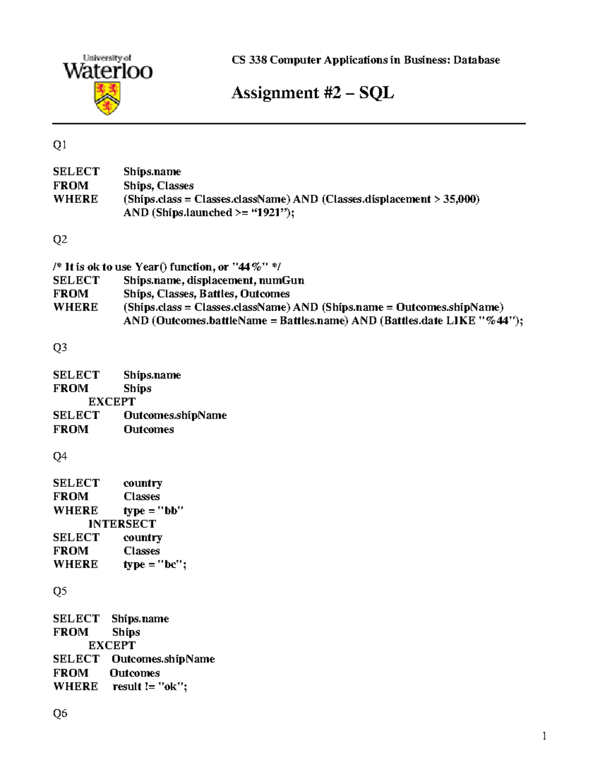 F22CS338 Assignment 2 Sol - 1 CS 338 Computer Applications in Business: Database Assignment #2 ...