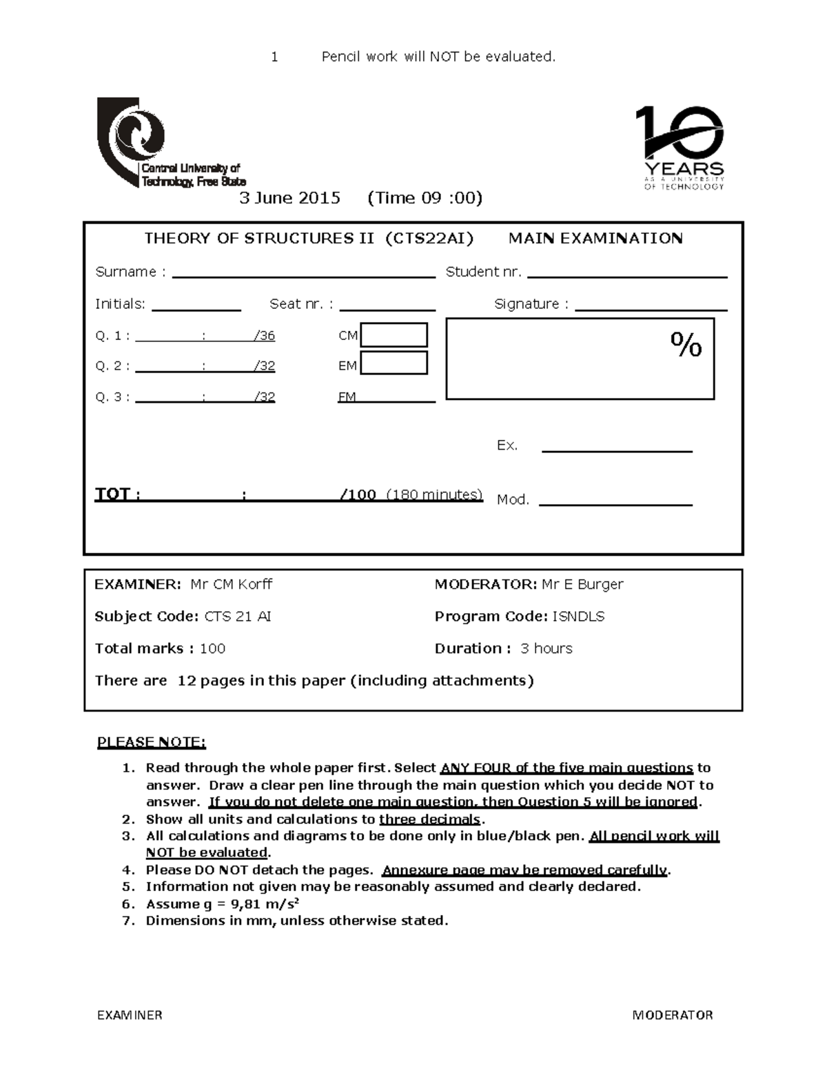 CTS Assignment - Main Examination - 3 June 2015 (Time 09 :00) **PLEASE ...