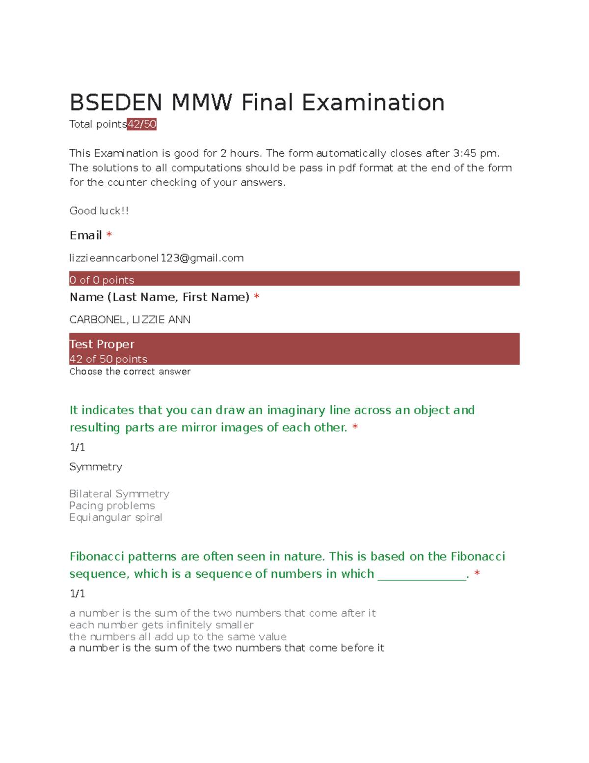 B Seden MMW Final Examination - BSEDEN MMW Final Examination Total points42/ This Examination is ...