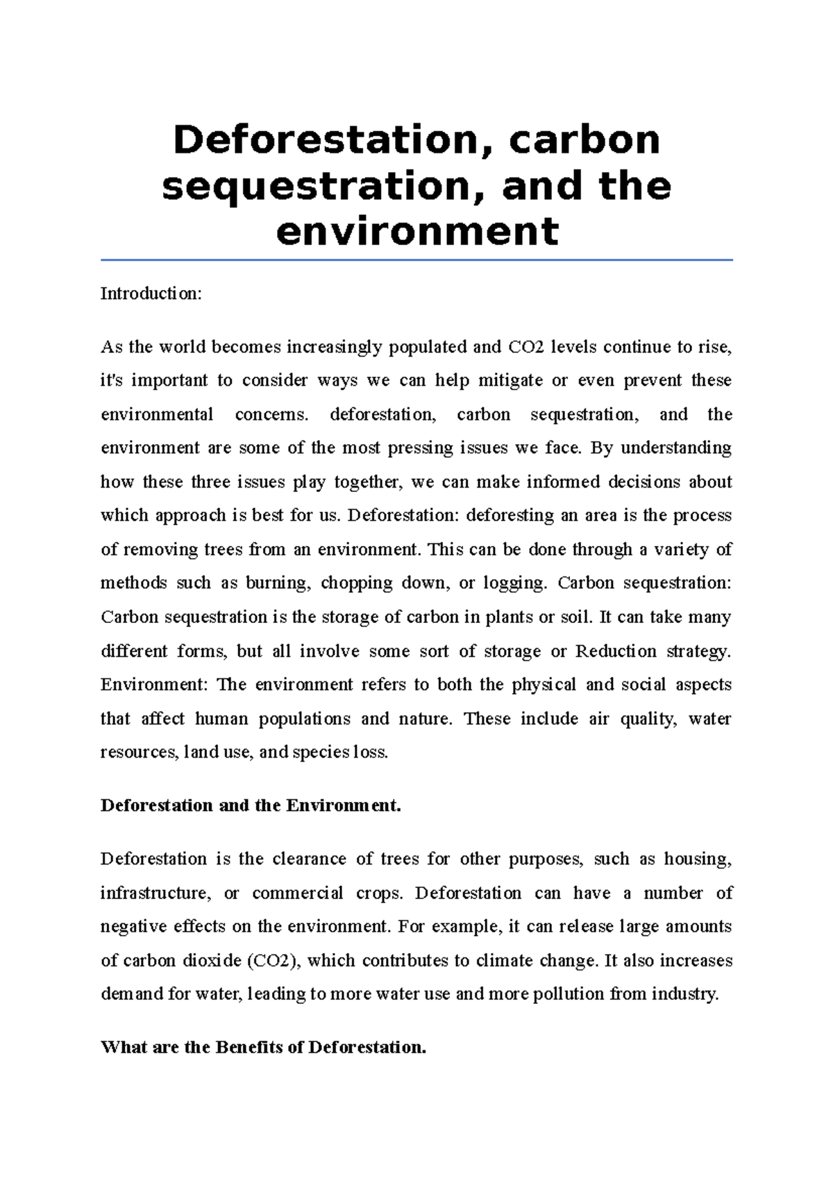 Deforestation, carbon sequestration, and the environment ...