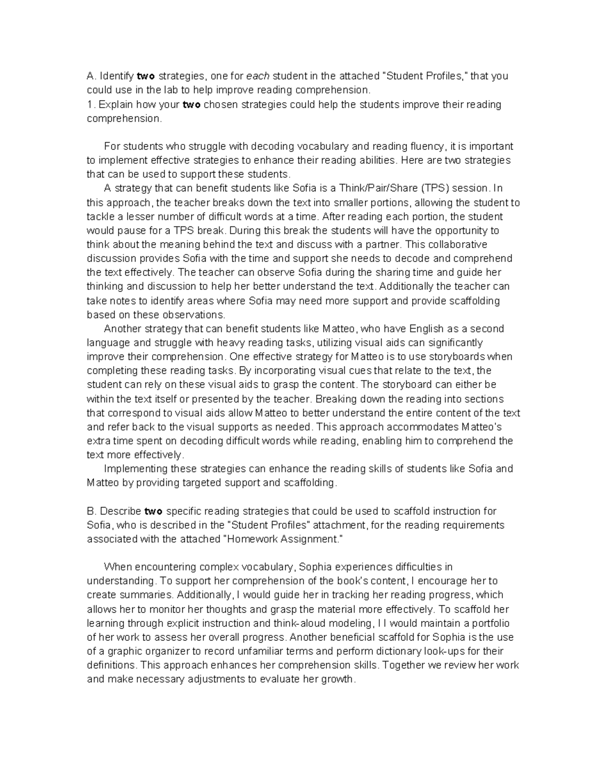 C730 Task 2-1 - A. Identify two strategies, one for each student in the ...