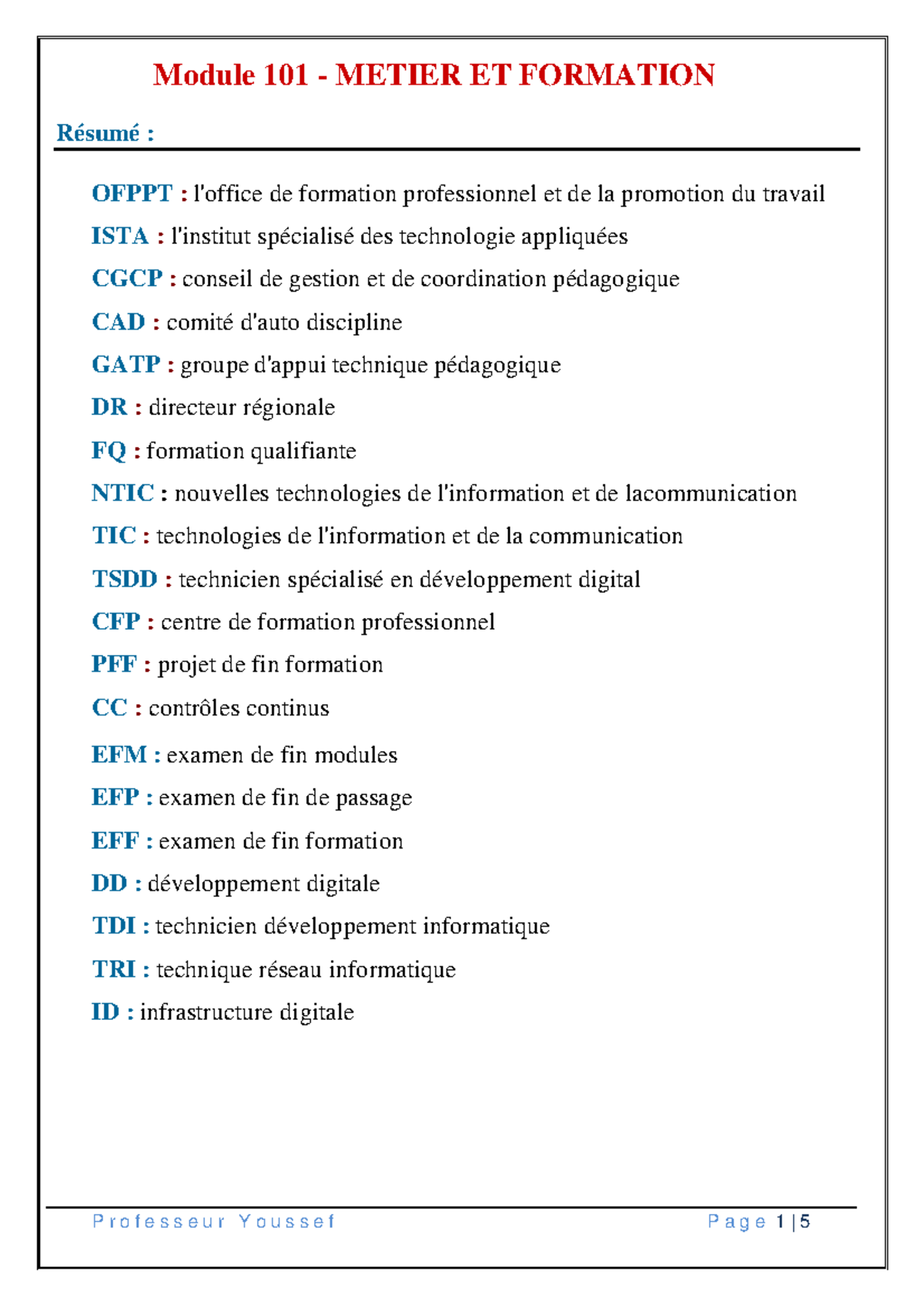 Module 101 métier et formation prof youssef - Module 101 - METIER ET ...