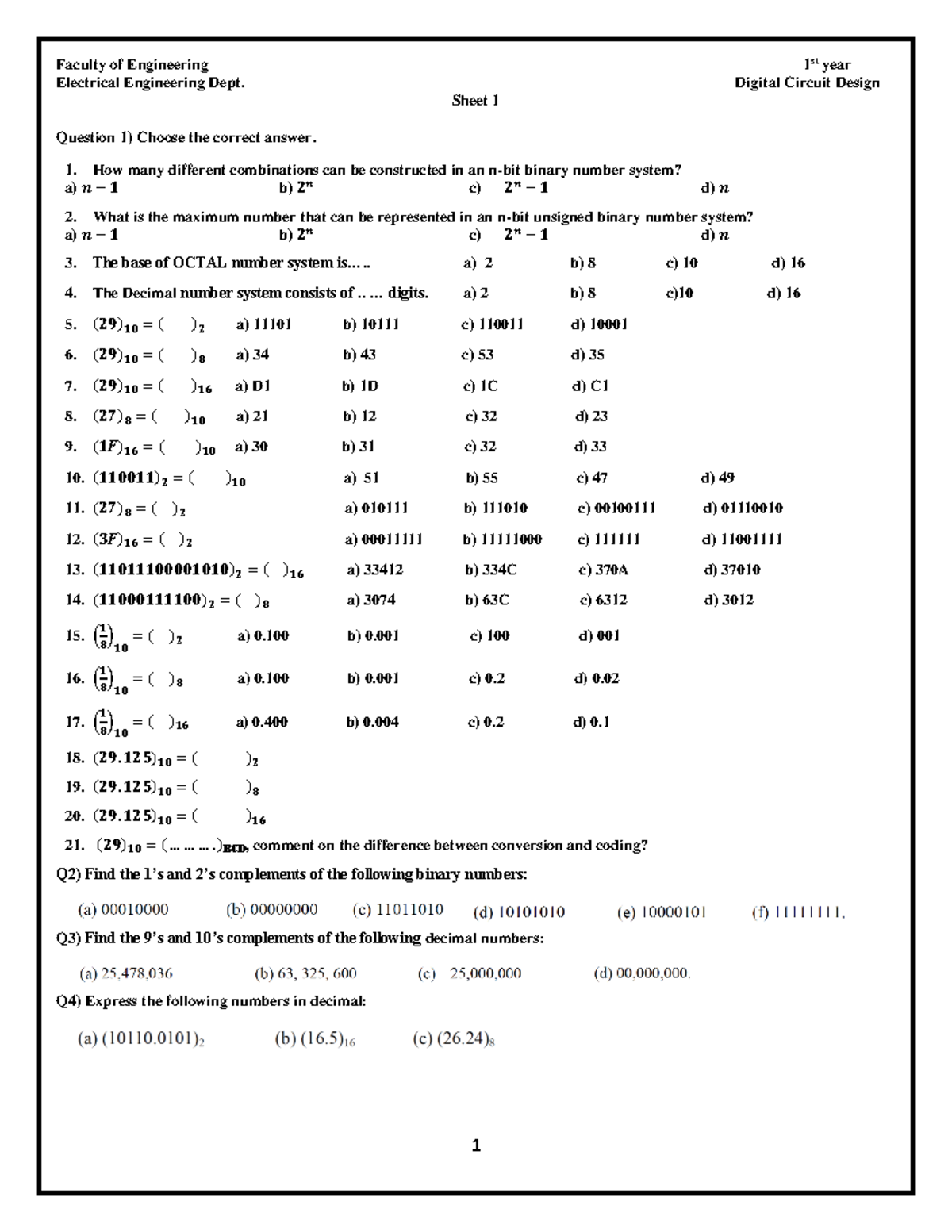 Sheet 1 - Faculty of Engineering 1 st year Electrical Engineering Dept. Digital Circuit Design ...
