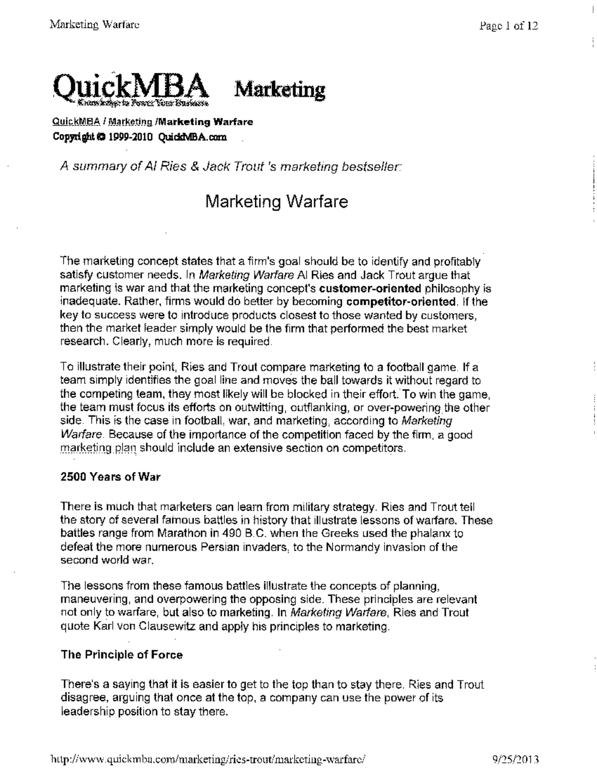 Marketing War - lecture - Marketing Warfare Page 1 of 12 QuickMBA ...
