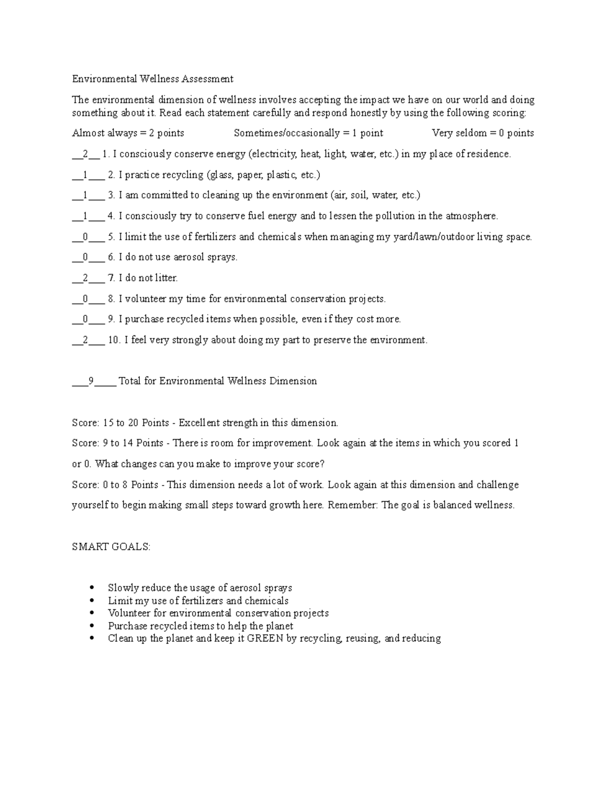 Environmental Wellness Assessment - Read each statement carefully and ...