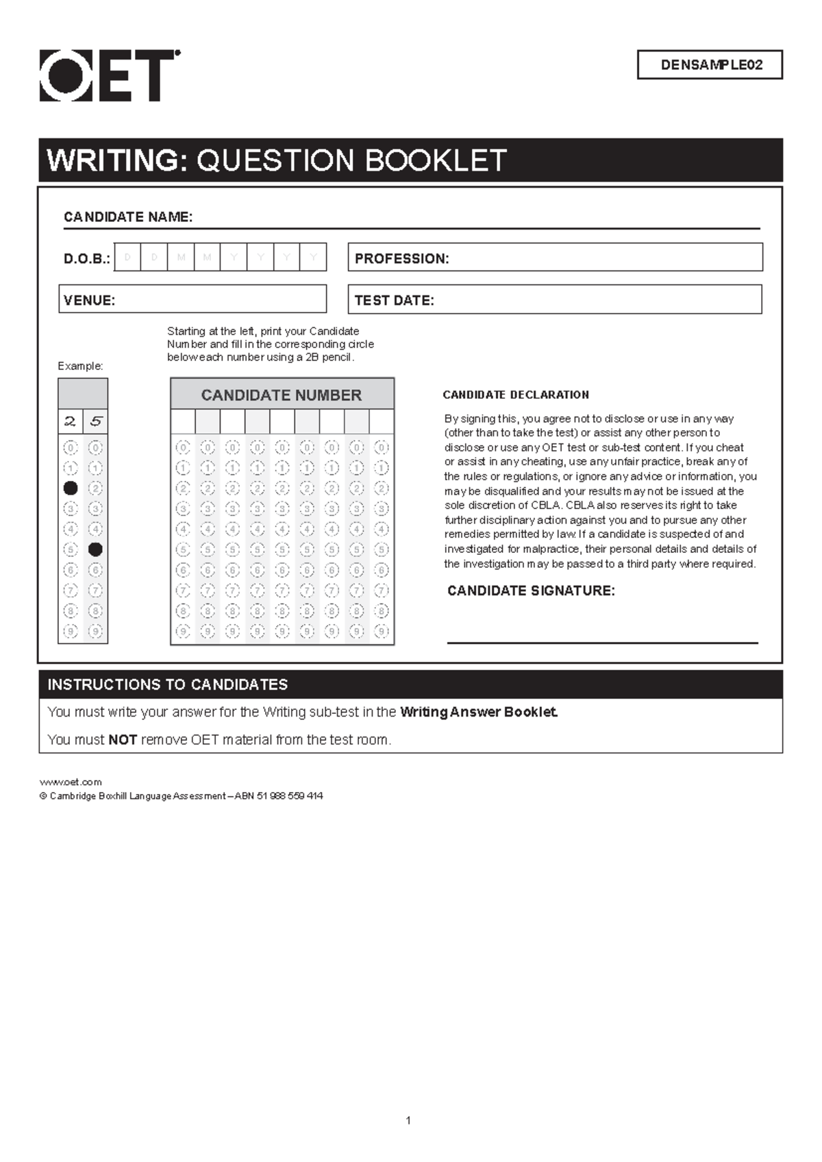Dentist Sample 2 - combined - WRITING: QUESTION BOOKLET oet © Cambridge ...