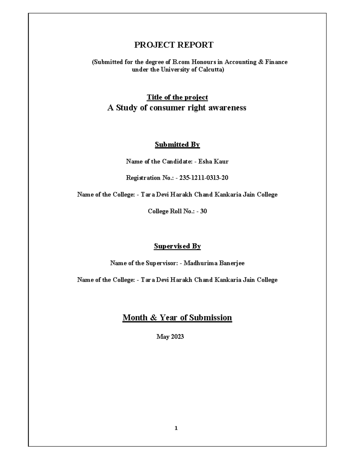 Project SEM 6 bcom cu - PROJECT REPORT (Submitted for the degree of B Honours in Accounting ...