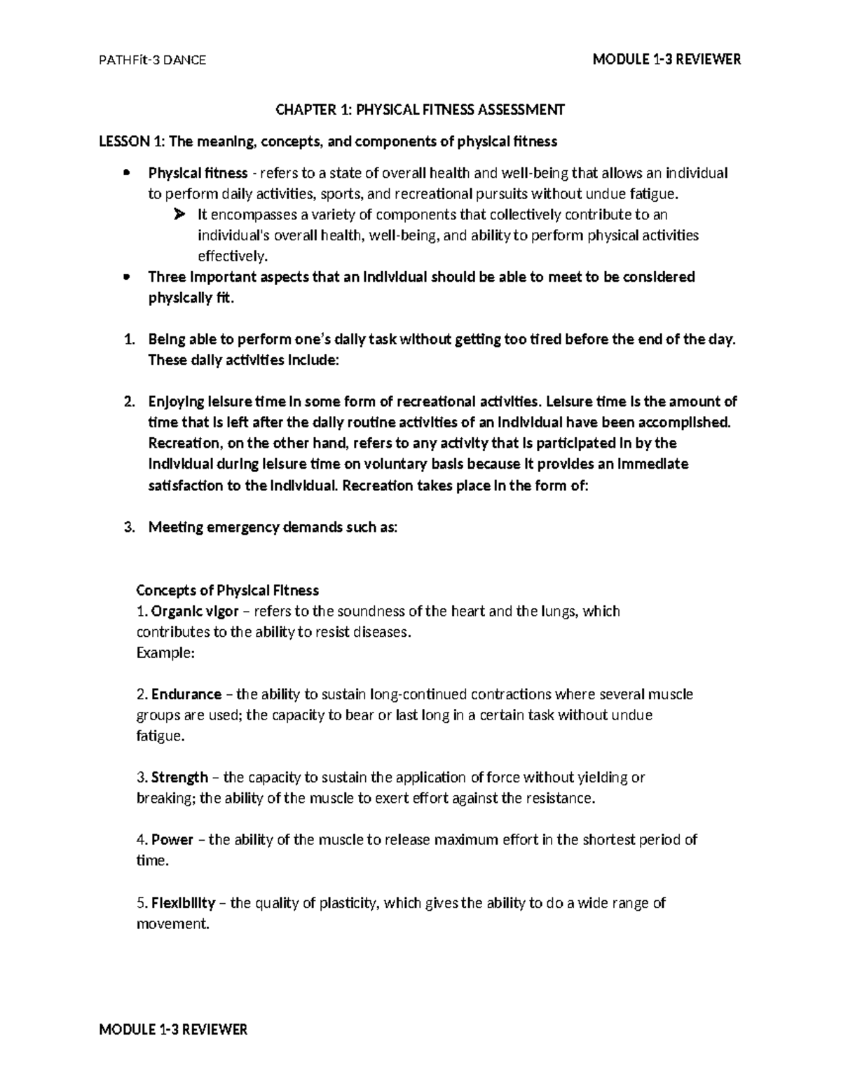 Pathfit-3- Reviewer - Good for studying - CHAPTER 1: PHYSICAL FITNESS ...