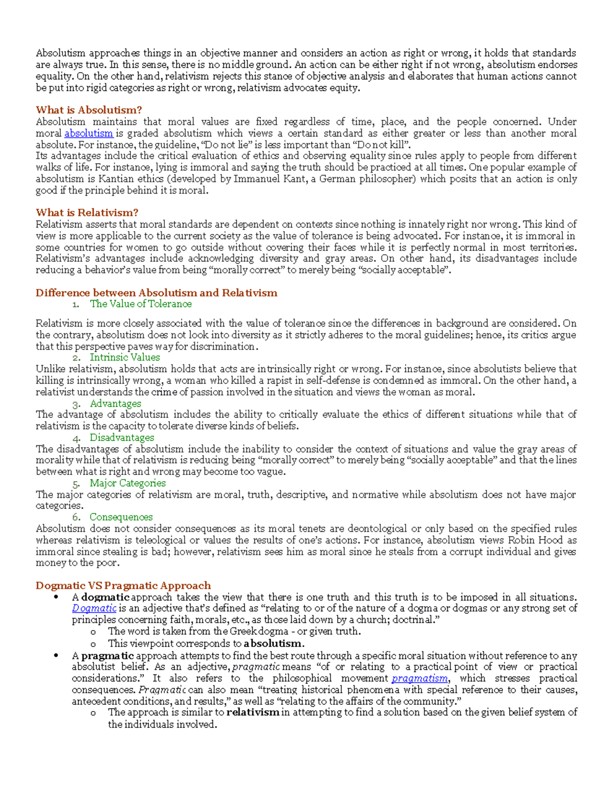 Midterm Assignment - Absolutism approaches things in an objective ...