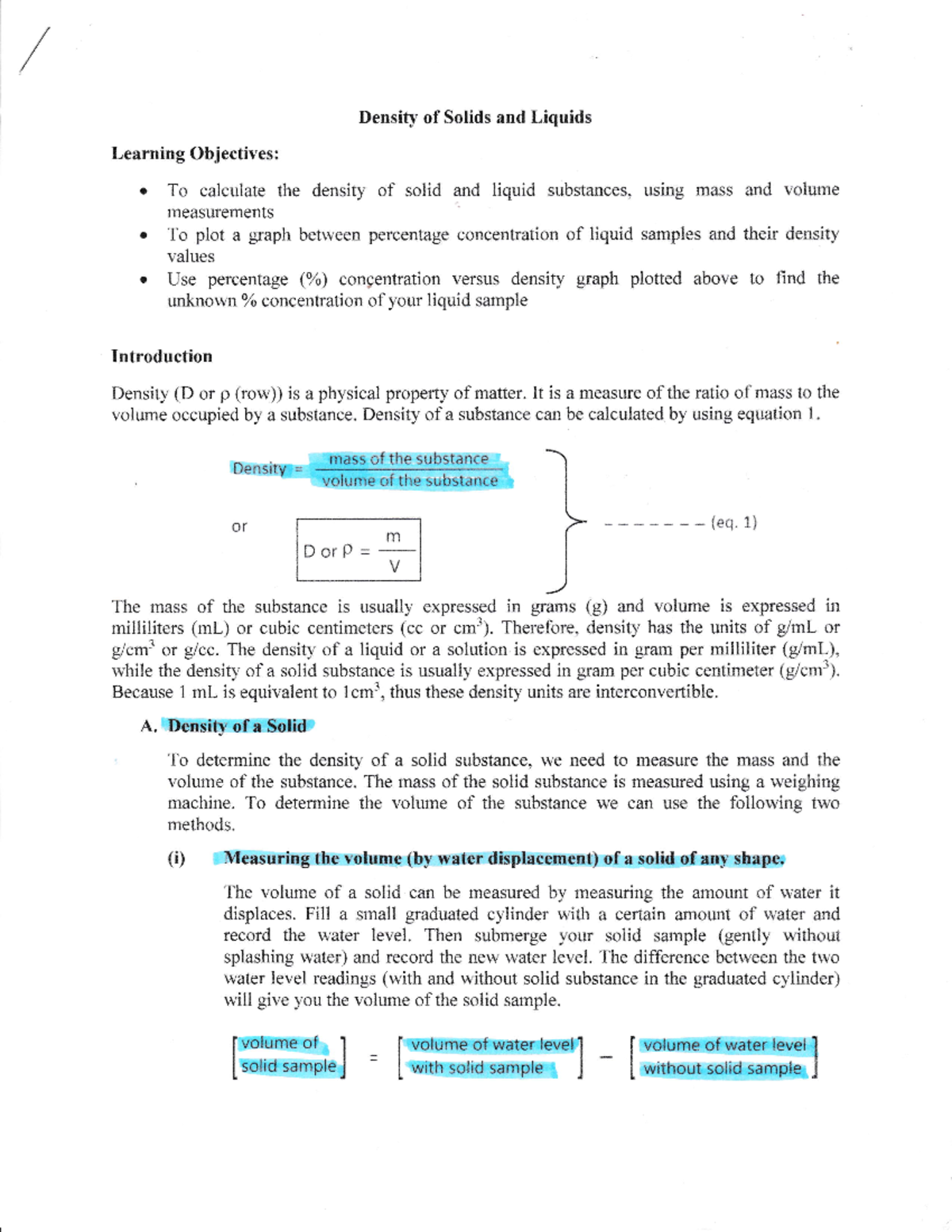 LAB 1 SCC 110 Lab 1: Density and Specific Gravity - Density of Solids ...
