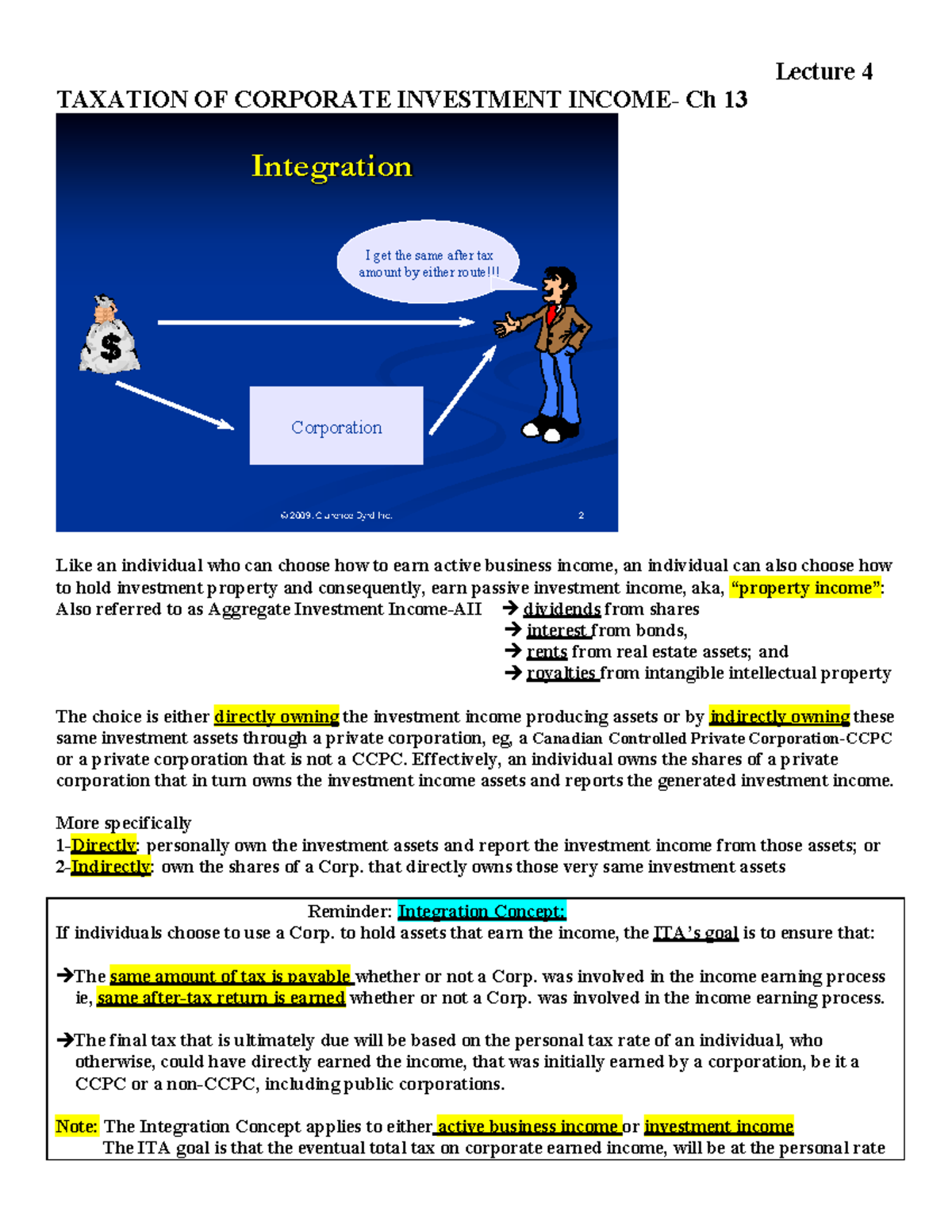Acco 440 Lecture 4 PDF - Lecture 4 TAXATION OF CORPORATE INVESTMENT INCOME- Ch 13 Like an ...