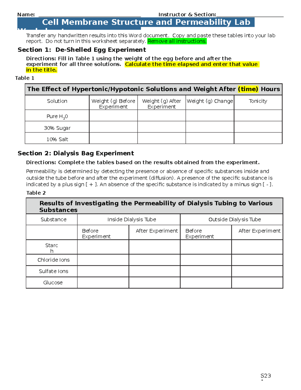 S23 Cell Membrane worksheet - Transfer any handwritten results into ...
