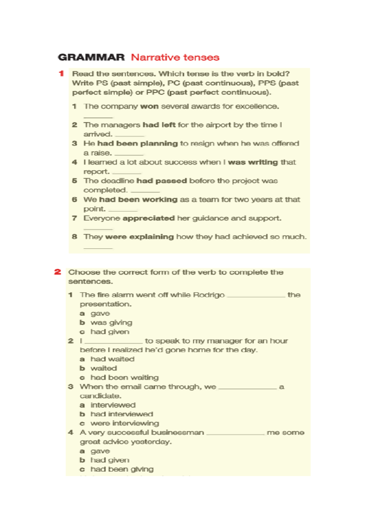 Doc2 - APUNTES - GRAMMAR Narrative tenses 1 Read the sentences. Which ...