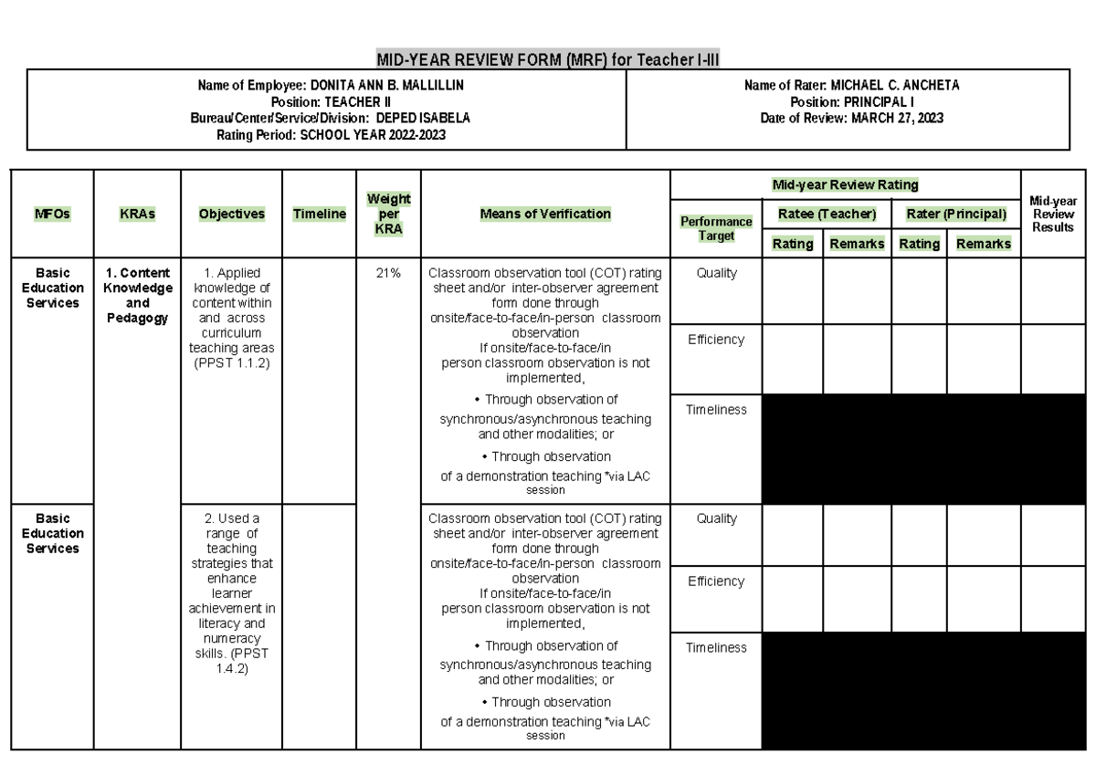 Edited-MRF - MRF - MID-YEAR REVIEW FORM (MRF) for Teacher I-III Name of ...