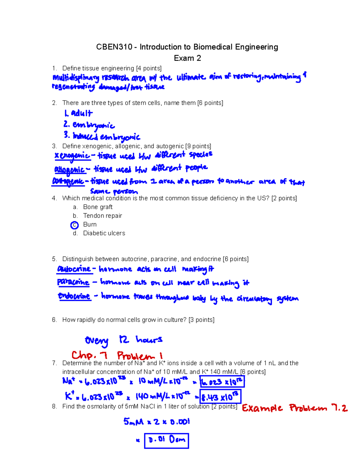 CBEN310 Exam 2 Key - Intro to Biomedical Engineering Exam 2 - CBEN310 ...