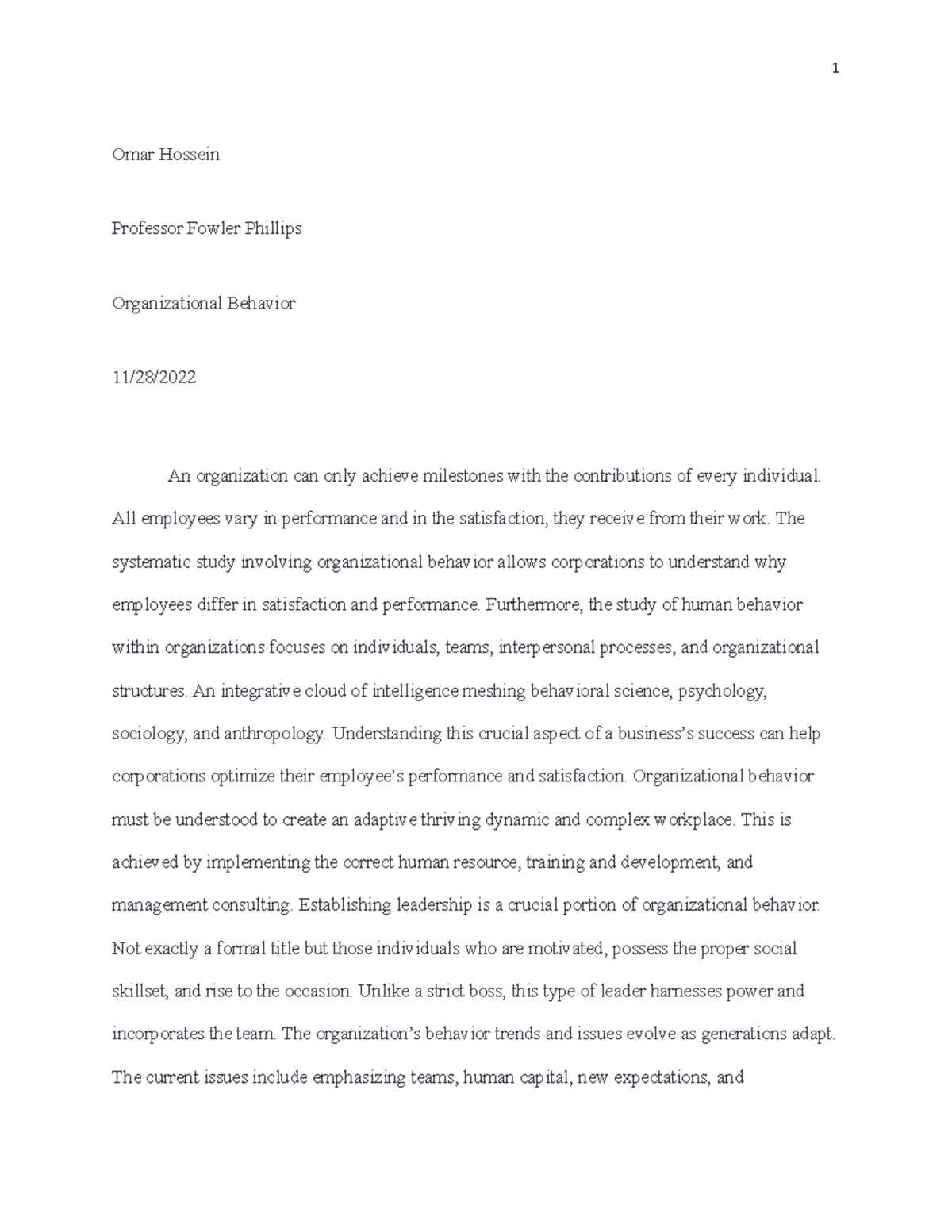 Omar Hossein.OB Complete Paperdocx - Omar Hossein Professor Fowler ...