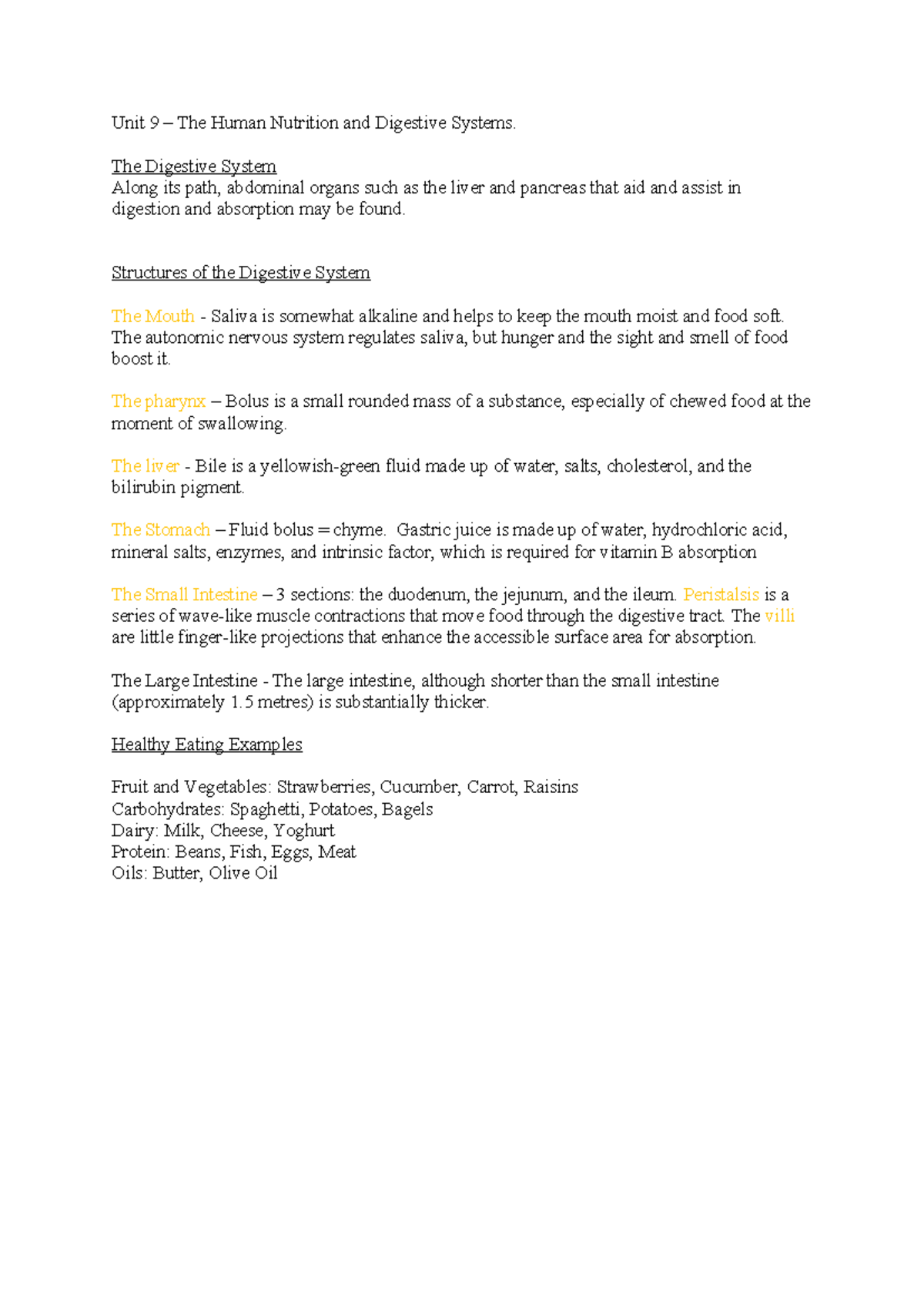 Unit 9 - Human Nutrition & Digestive System (Notes) - Unit 9 – The ...