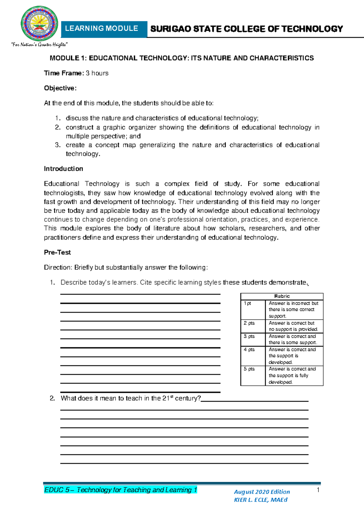 EDUC 5 Module Midterm - SURIGAO STATE COLLEGE OF TECHNOLOGY EDUC 5 ...